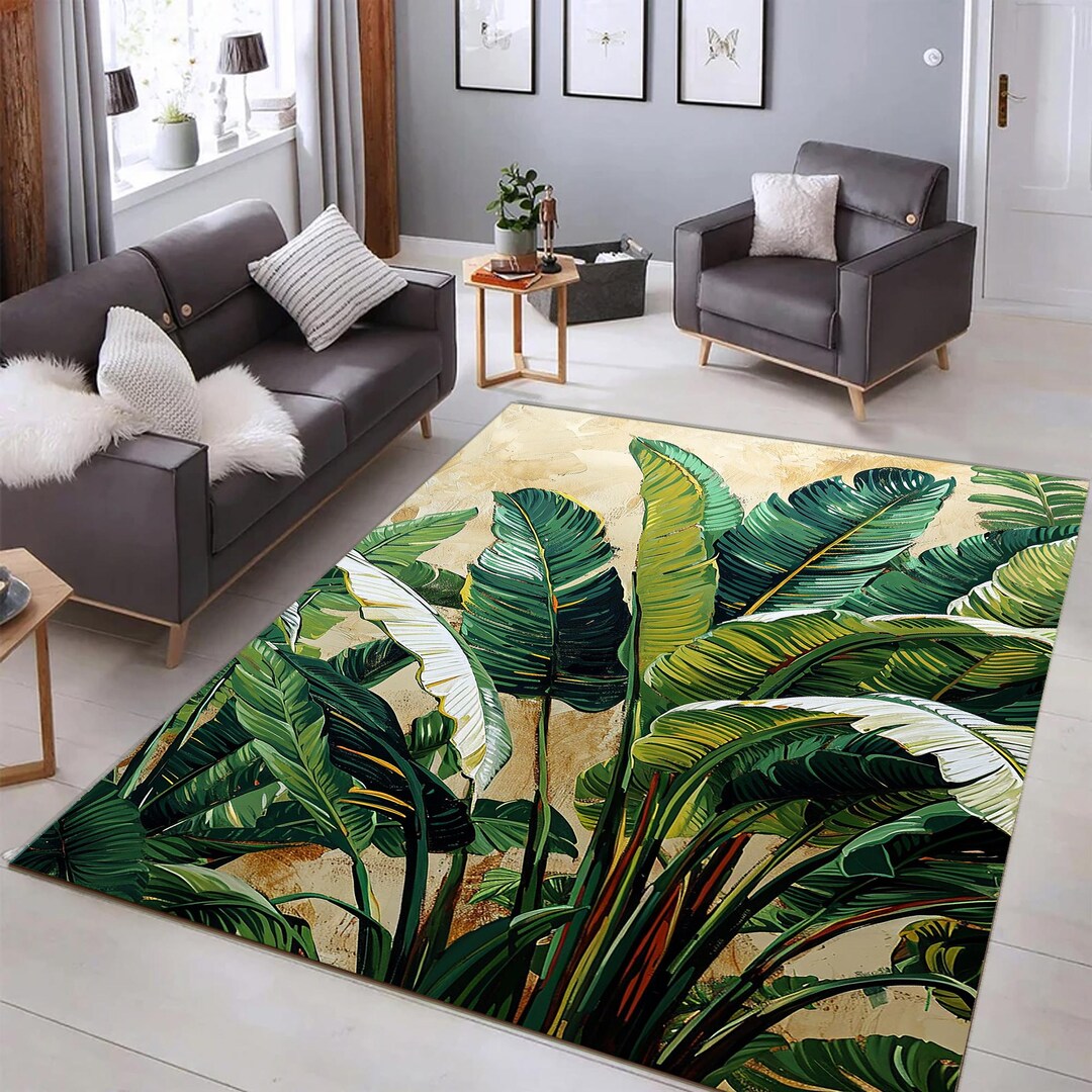 Green Palm Tree Area Rug - Exotic Tropical Flower Floor Mat for Living ...