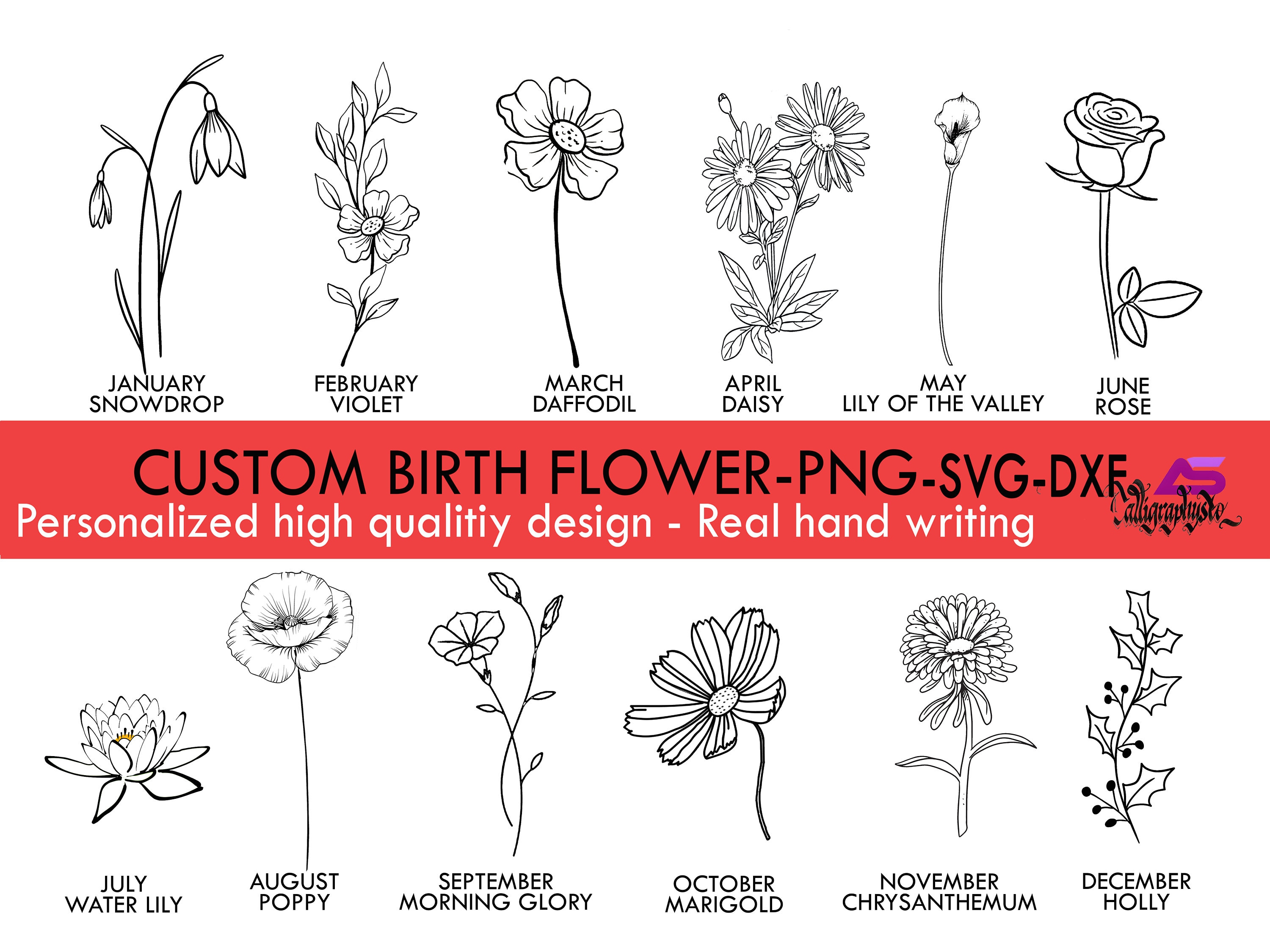 Custom Name Design 2, Personalized Tattoo Design, Birth Flower Tattoo ...
