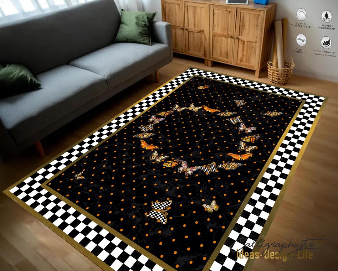 Check Area Rug-black Floral Carpet-traditional Anti Slip Rug-retro ...