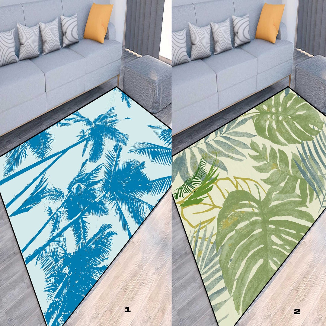 Green Palm Leaf Area Rug - Exotic Tropical Floral Floor Mat for Living ...