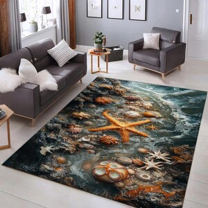 Sea Tide Pool Kitchen Rug, Sea Creatures Non-slip Washable Carpet, Sea ...