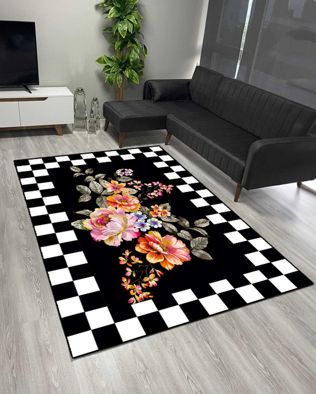 Gothic Floral Rug, Checkered Area Rug, Anti-slip Daisy Floor Mat ...