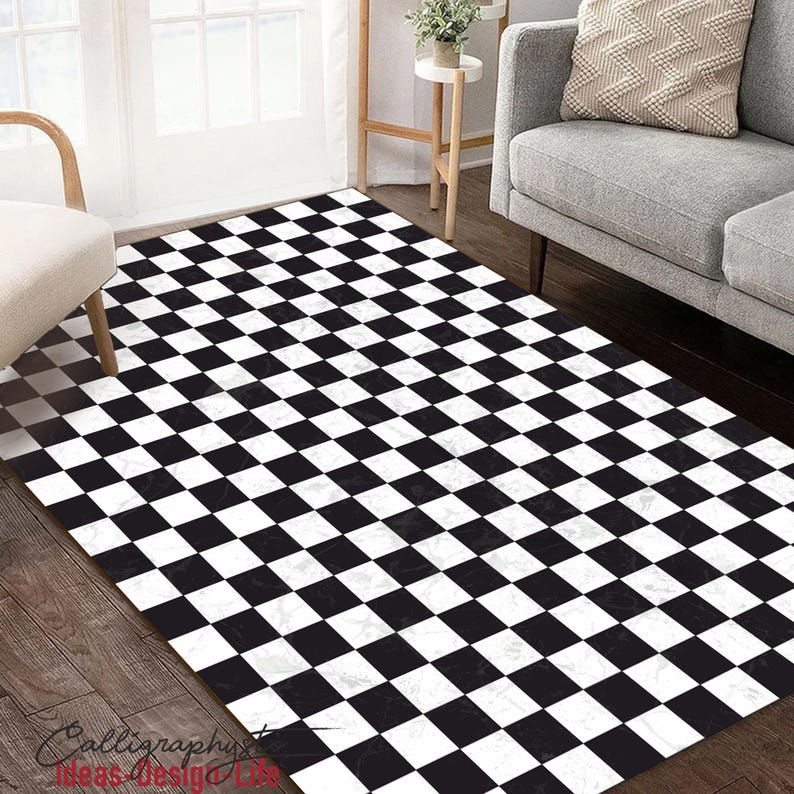 Printed Chick White & Black Checkered Area or Runner Rug Elegant ...