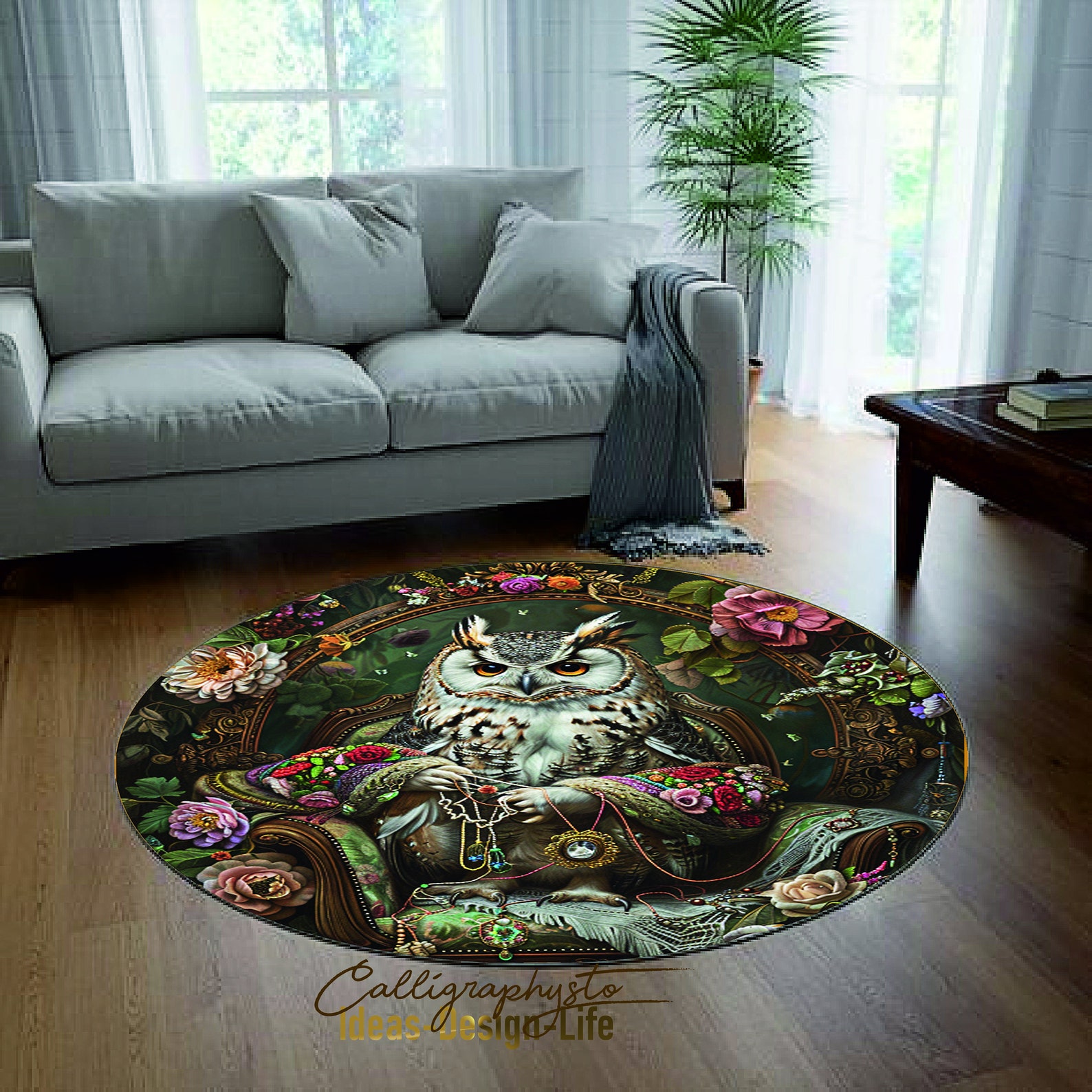 Owl King Round Rug, Gothic Themed King Owl Throne, Polyester Washable ...