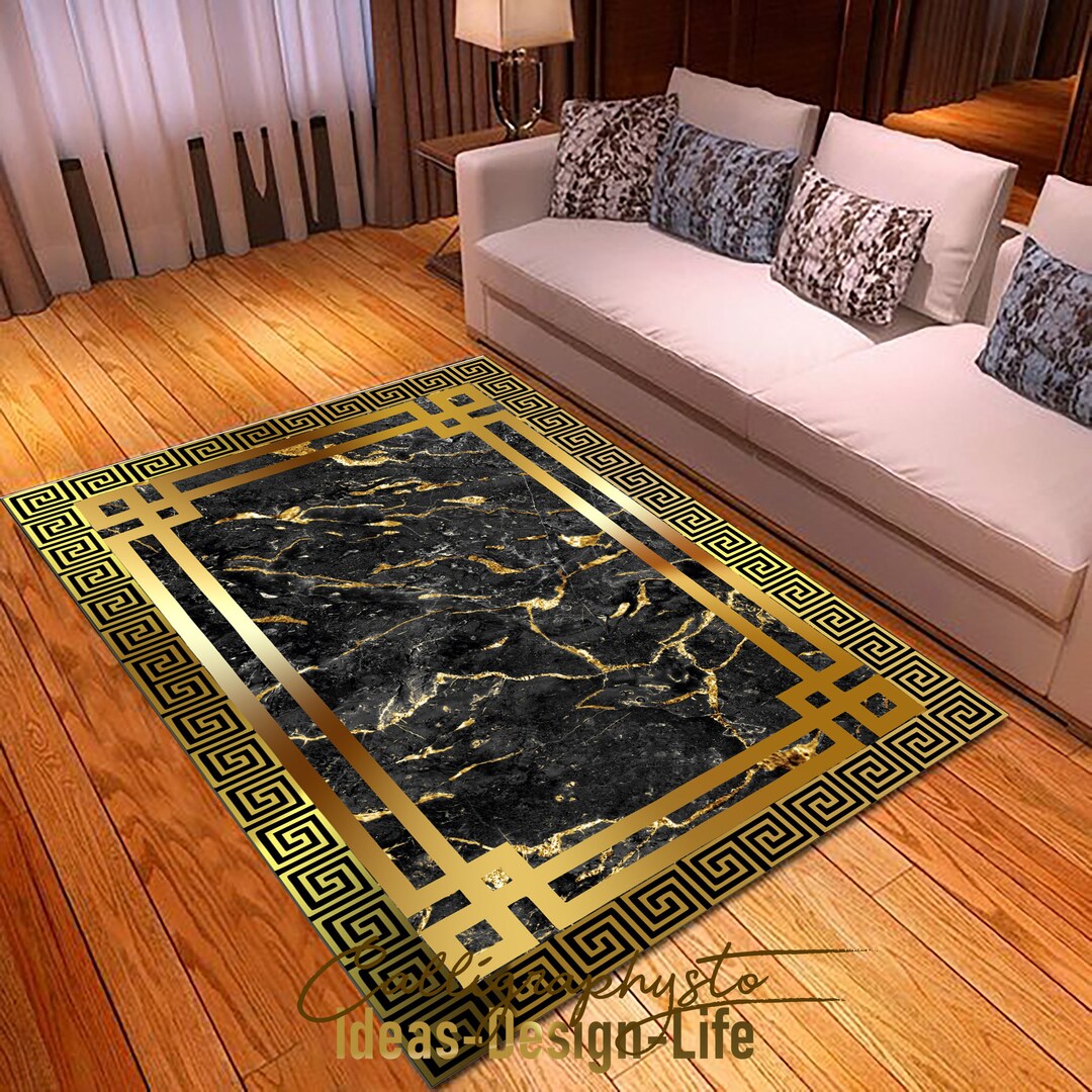Black and Gold Marble Area Rug, for Living Room, Medusa Carpet, Greek ...