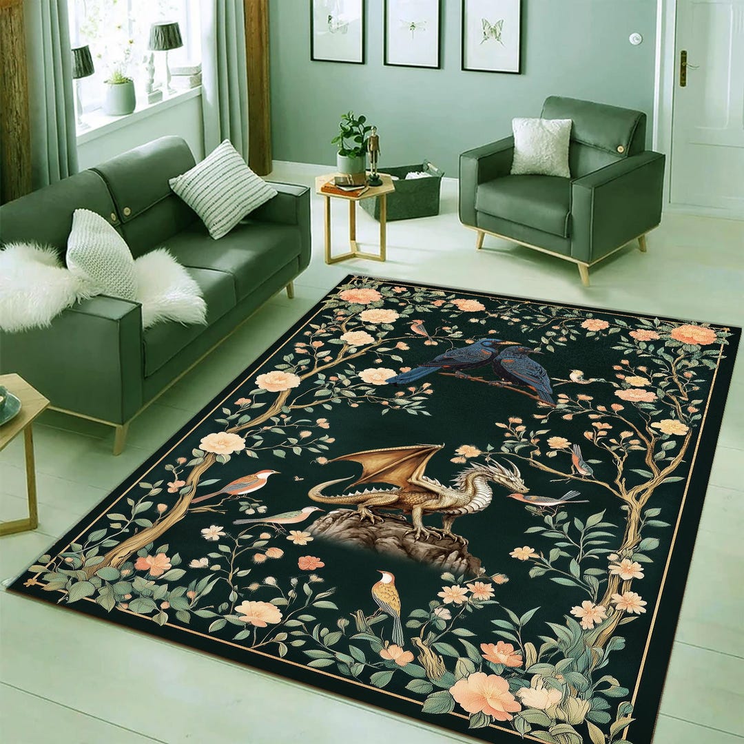Dragon Cottagecore Rug: Medieval Folklore Art, Non-slip - Etsy