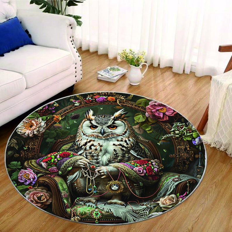 Owl King Round Rug, Gothic Themed King Owl Throne, Polyester Washable ...