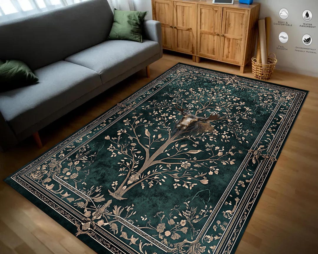 Gothic Area Rug|dark Green Rug|reindeer Flower Trees and Bird Patterns ...