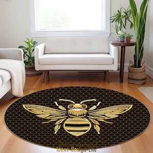 Honeycomb Bee Round Rug: Embroidered Black Floor Carpet - Etsy