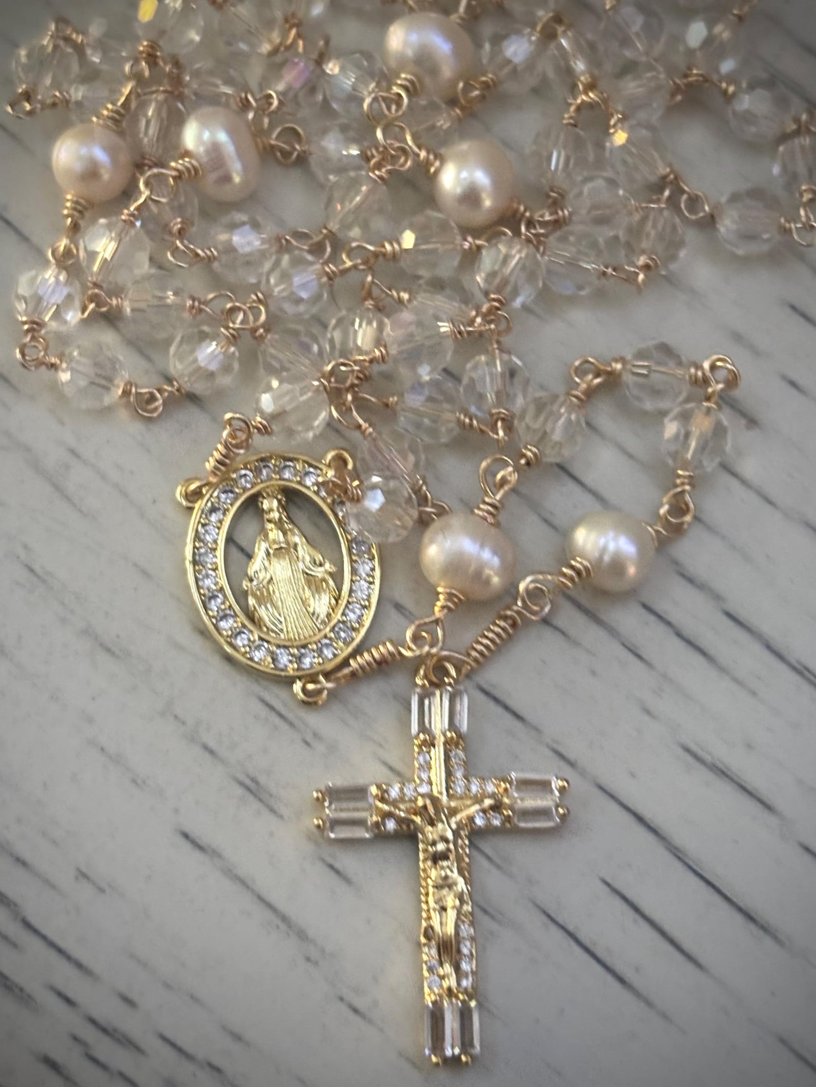 Handmade Rosary, Wire Wrapped, Crystal, and Freshwater Pearls Gold ...