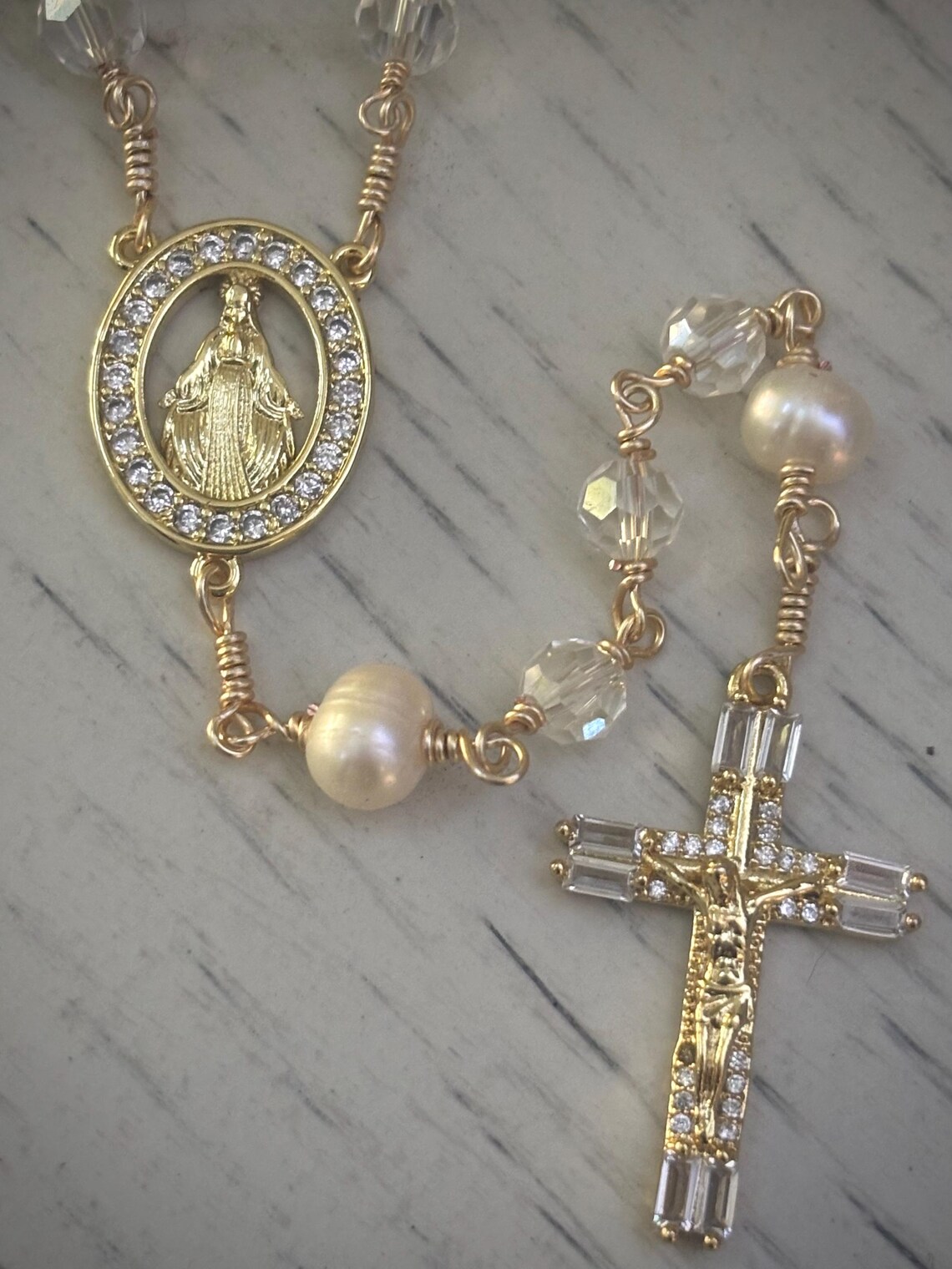 Handmade Rosary, Wire Wrapped, Crystal, and Freshwater Pearls Gold ...