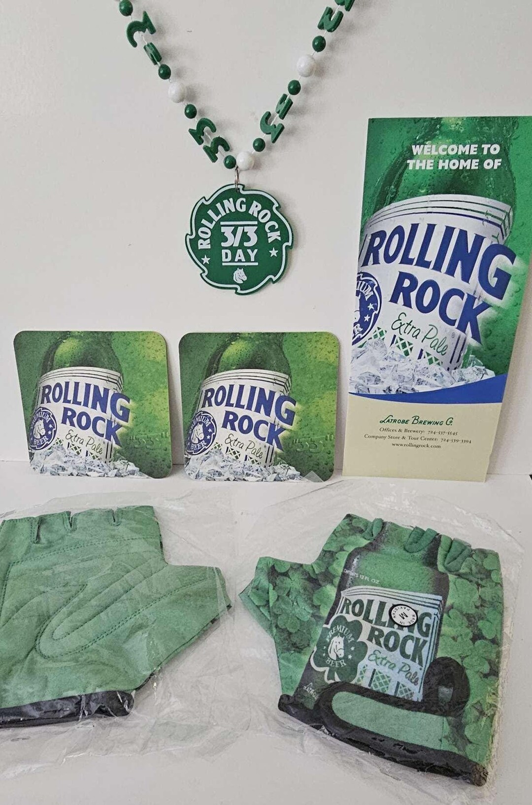 Rolling Rock Shamrock Padded Drinking Glove 2 Coasters Tour Brochure ...