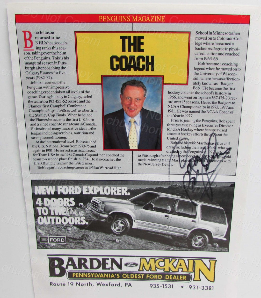 Penguin Stanley Cup Coach Badger Bob Johnson Autographed 8x10 1991 Goal ...