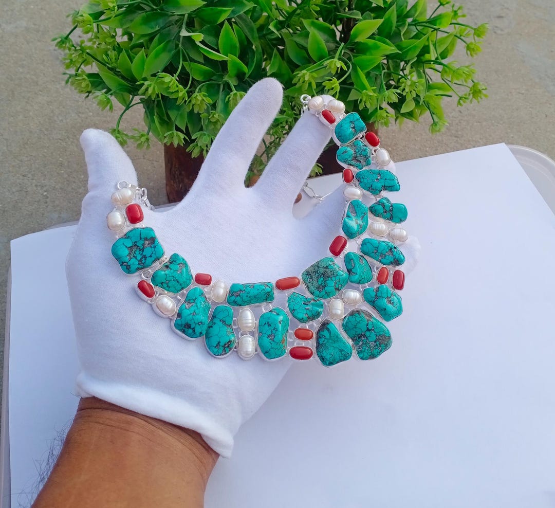 Natural Turquoise, Pearl and Red Coral Necklaces | Silver Plated ...