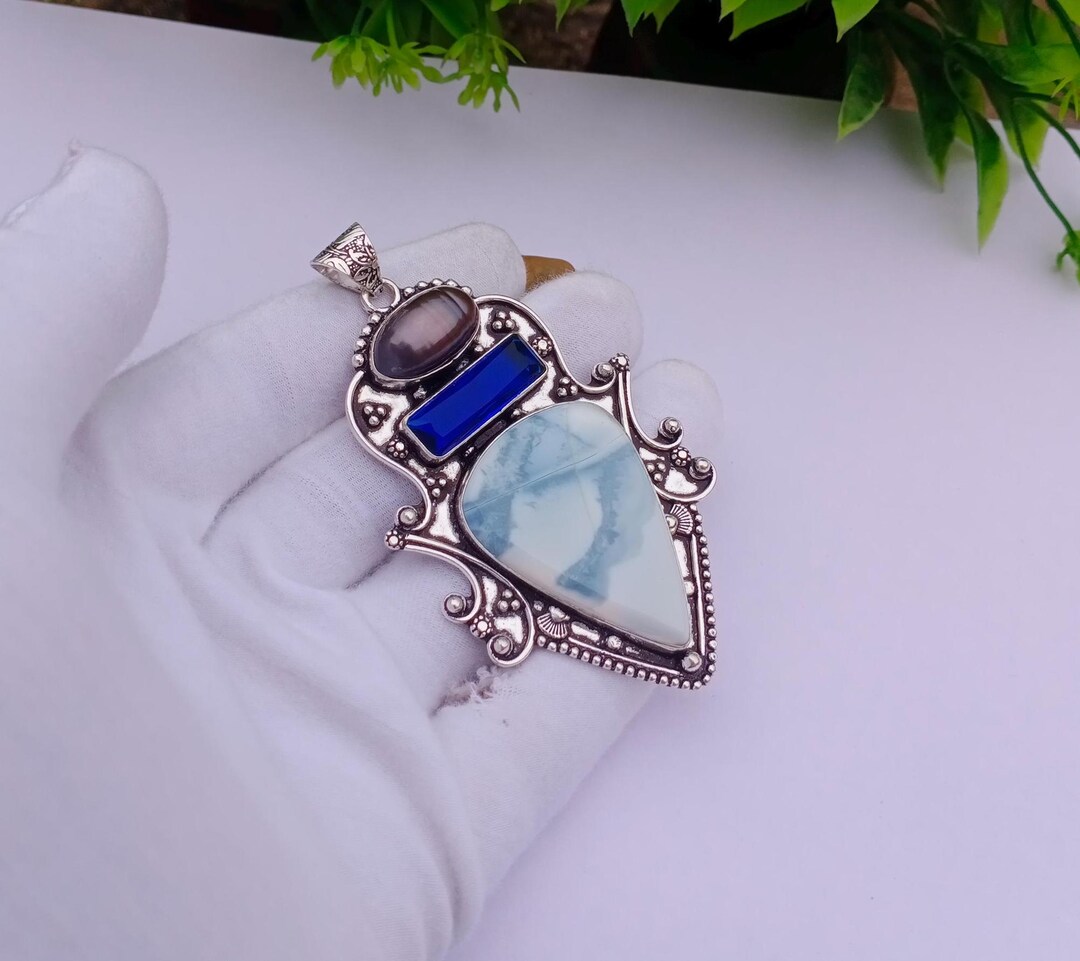 Beautiful Opal, Blue Sapphire Hydro Glass and Color Pearl Pendant ...