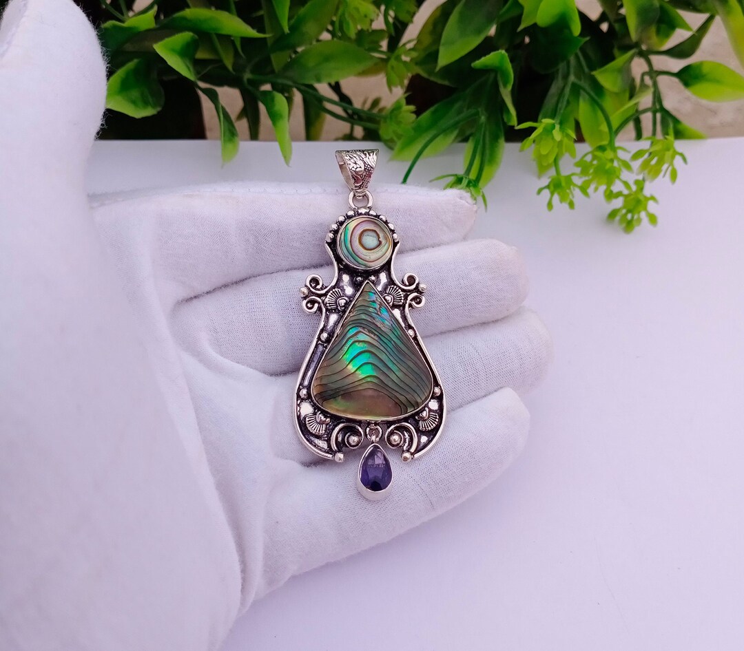 Beautiful Abalone Gemstone and Amethyst Pendant | Silver Plated Pendant ...