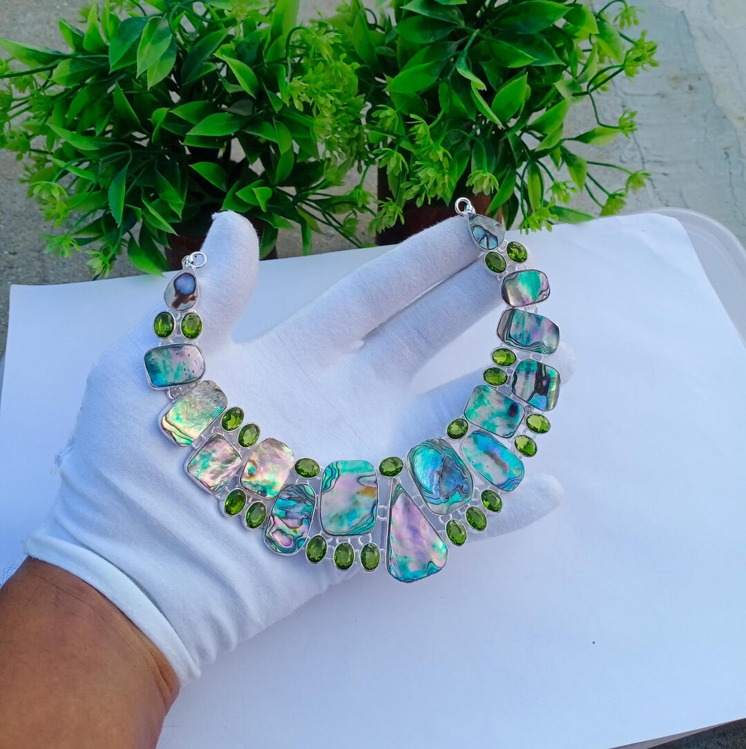 Beautiful Abalone Gemstone and Peridot Hydro Glass Stone Necklace ...