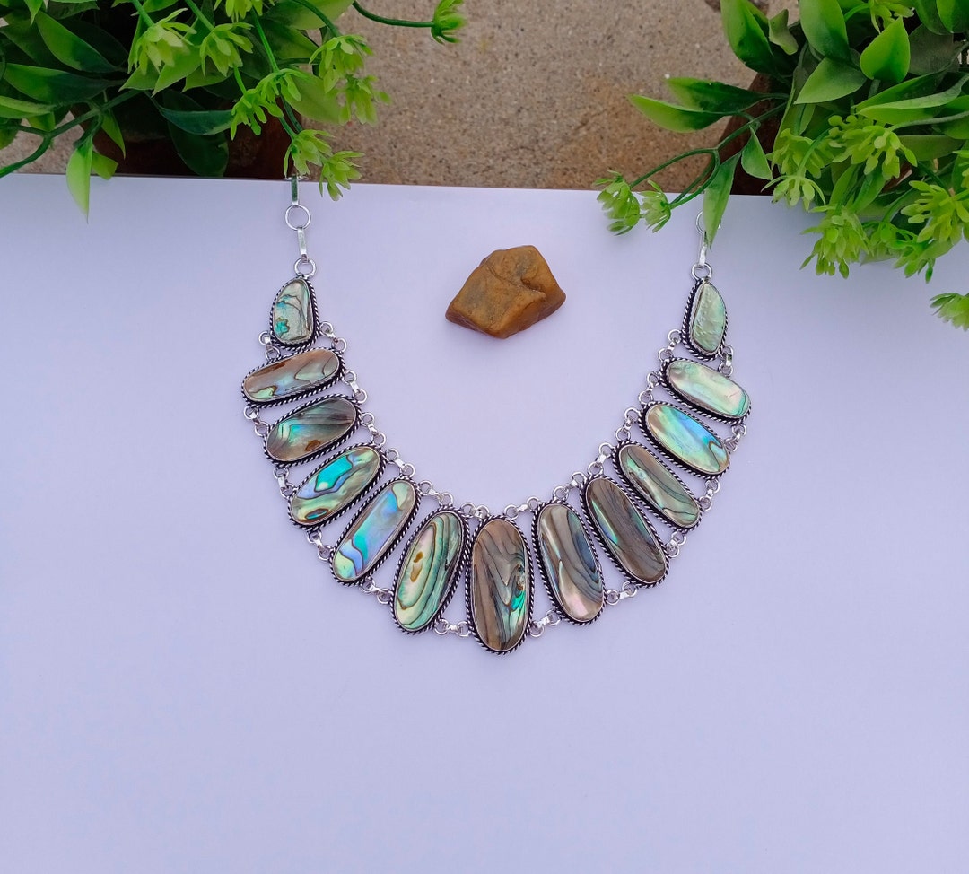 Natural Abalone Gemstone Necklace Silver Plated Necklace BOHO Necklace ...