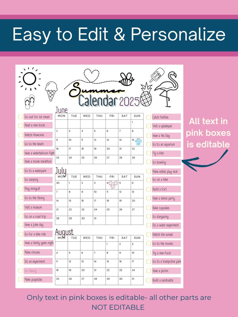 Editable, Printable Summer Calendar Poster, Summer Activities Calendar ...