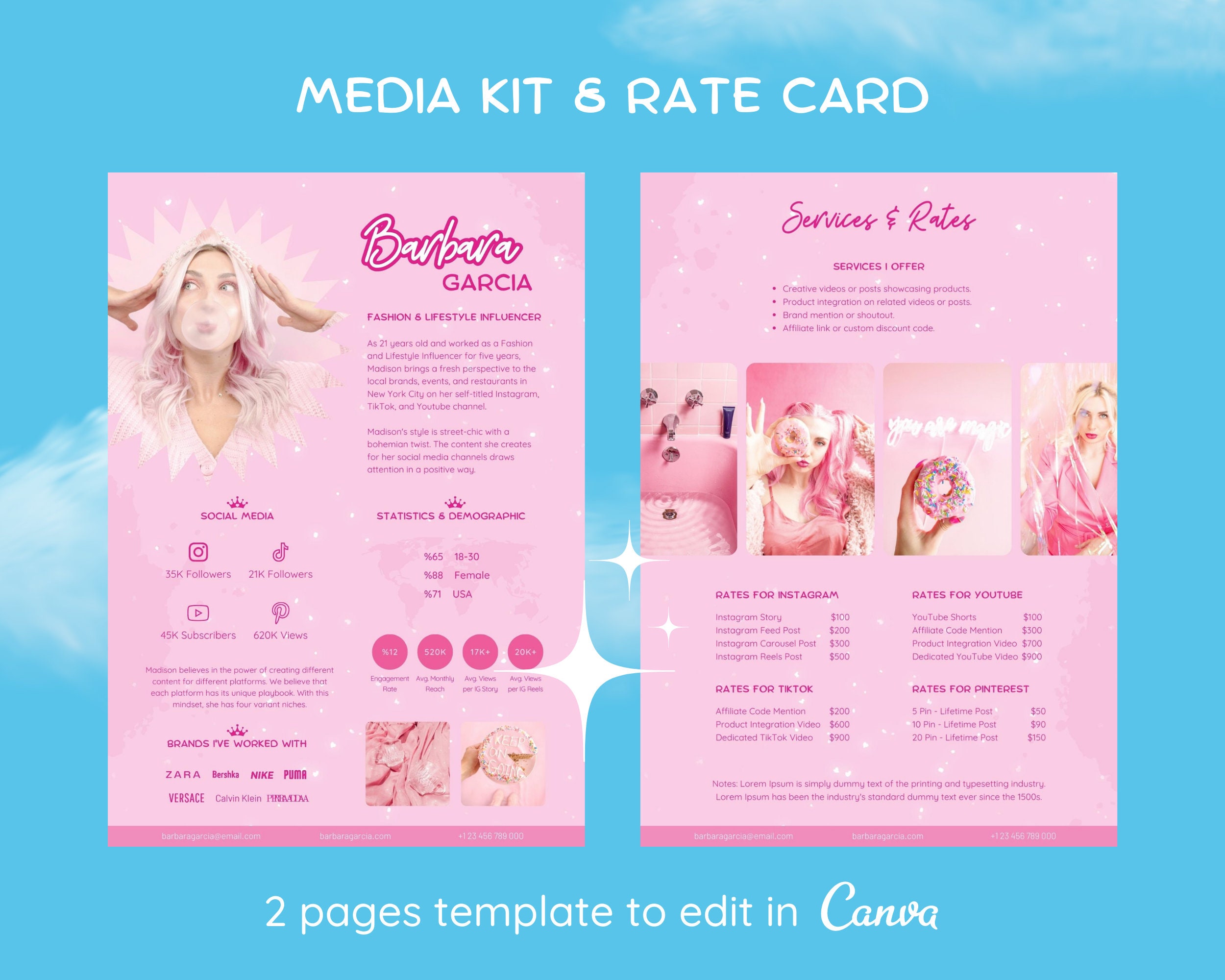 Media Kit Template Canva | 2 Page Pink Social Media Kit | Influencer ...