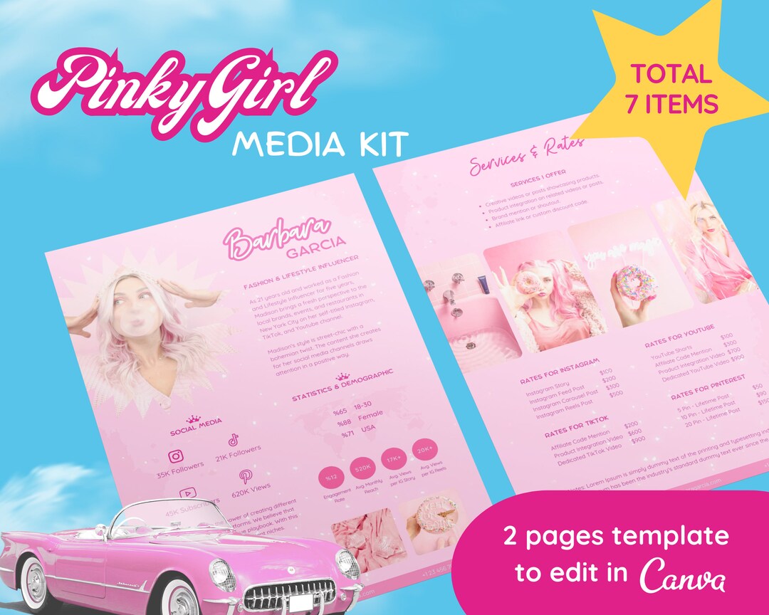Media Kit Template Canva | 2 Page Pink Social Media Kit | Influencer ...