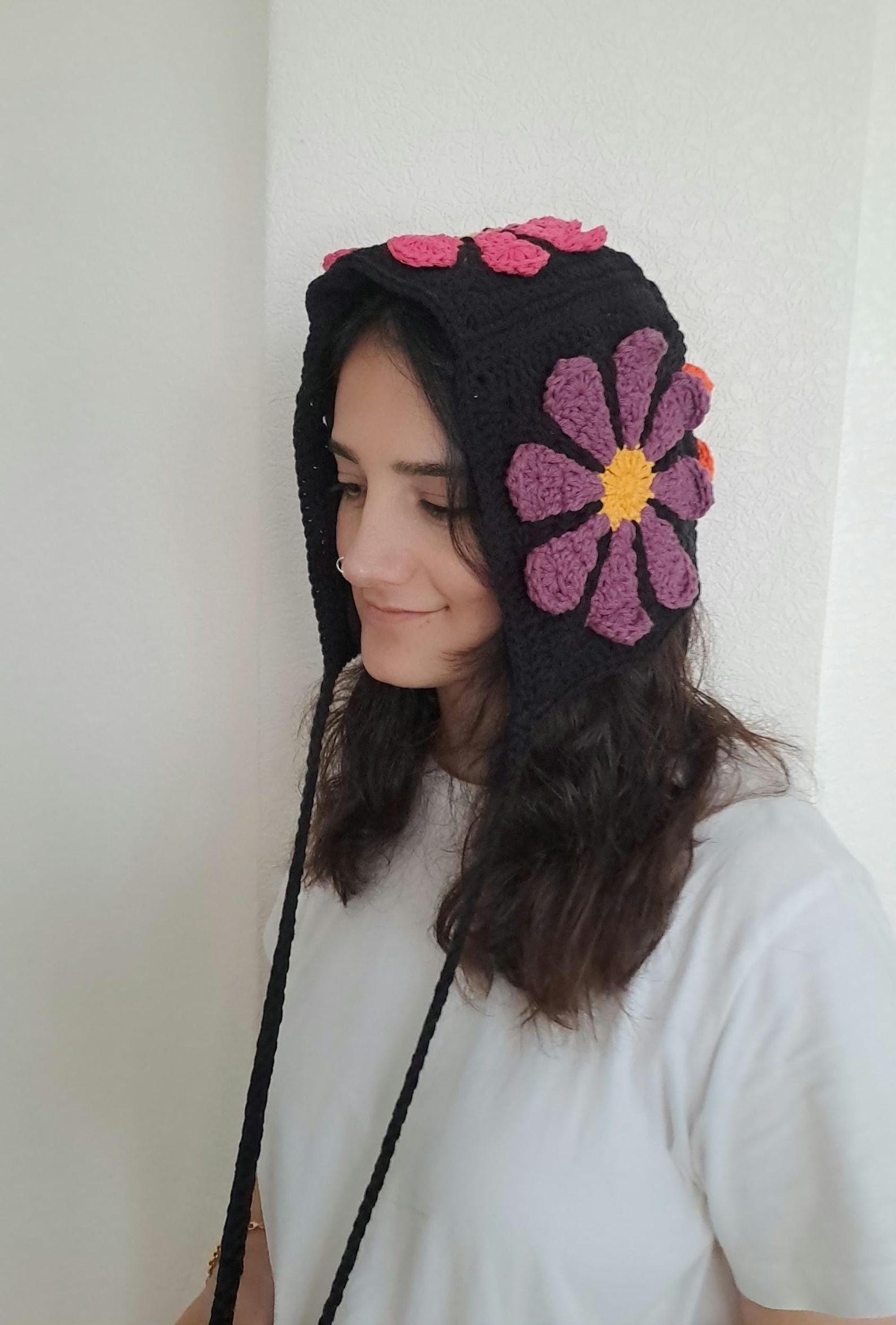 Crochet Bonnet, Daisy Square Bonnet, Crochet Beanie, Handmade Winter ...