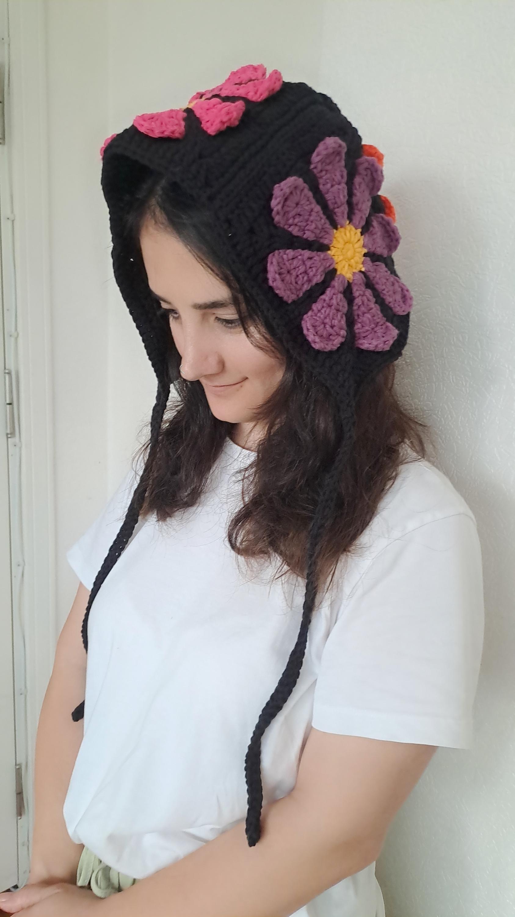 Crochet Bonnet, Daisy Square Bonnet, Crochet Beanie, Handmade Winter ...