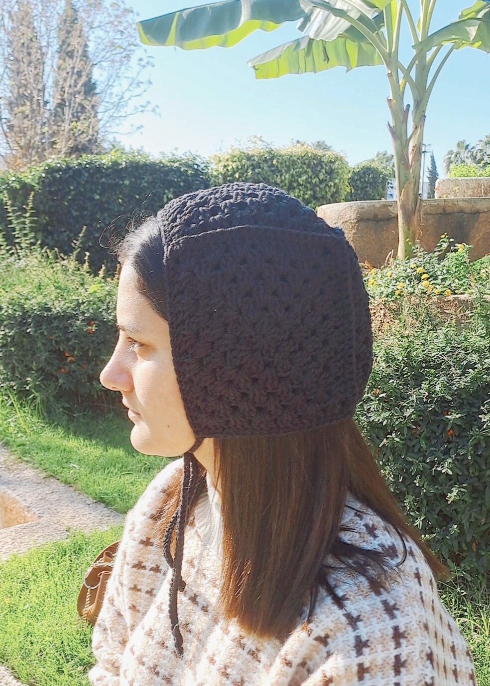 Knitted Granny Square Tie Bonnet for Adults,winter Granny Square Bonnet ...