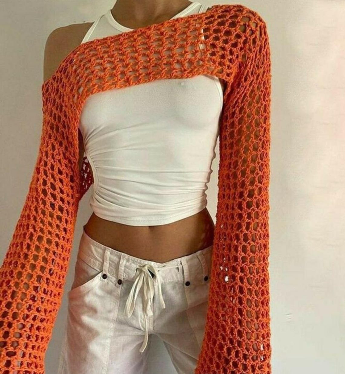 Y2k Crochet Knitted Crop Top Hollow Out Fishnet Jumper Smock Top 2000s ...