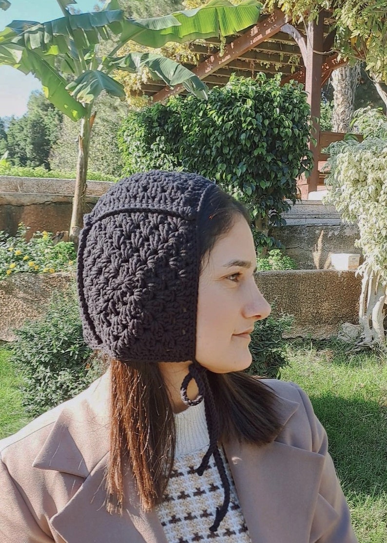 Knitted Granny Square Tie Bonnet for Adults,winter Granny Square Bonnet ...