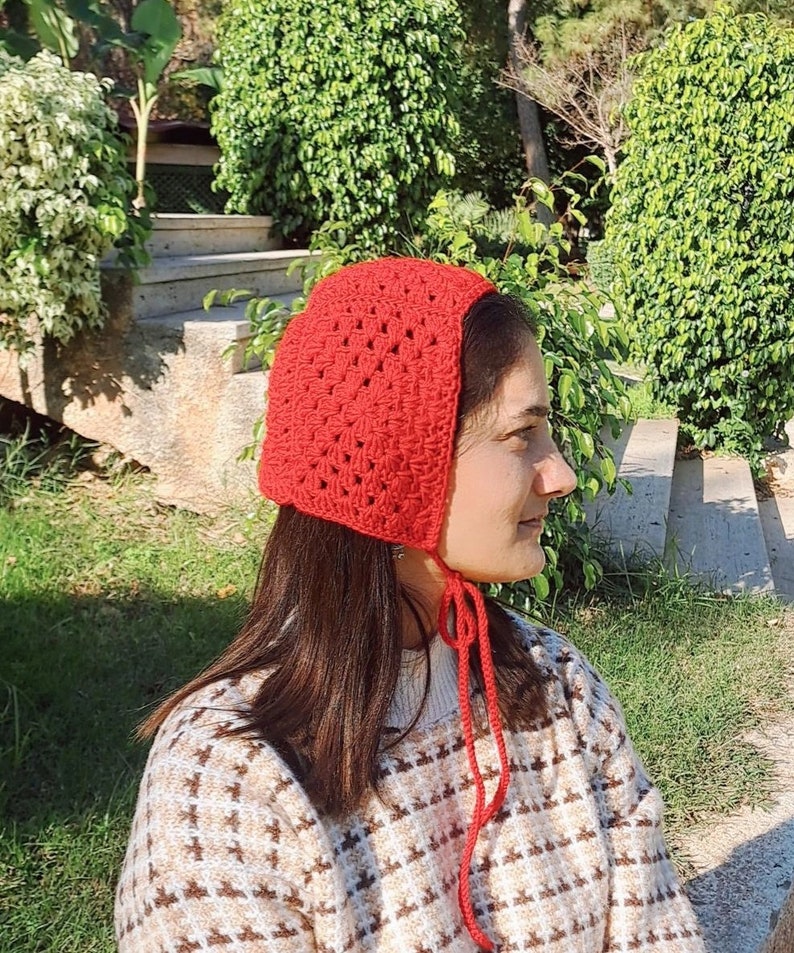 Knitted Granny Square Tie Bonnet for Adults,winter Granny Square Bonnet ...