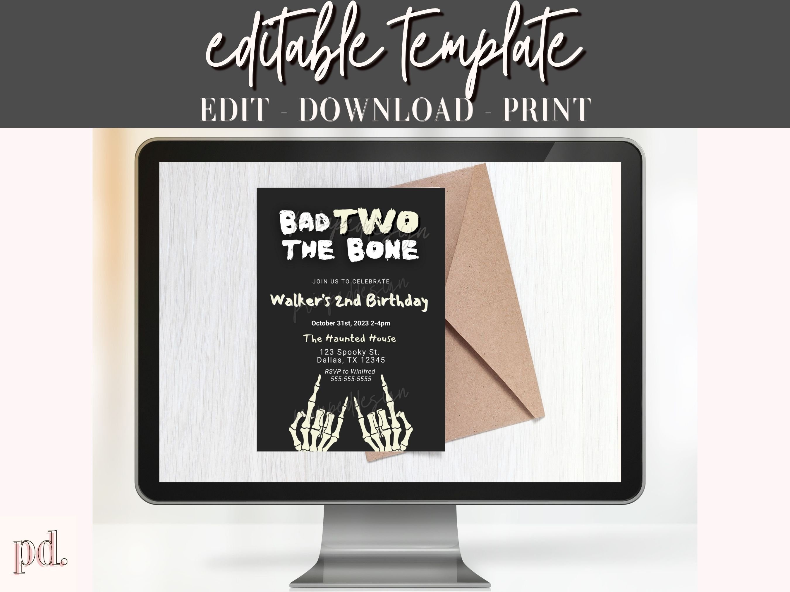 Editable Bad 2 the Bone Party Invitation, Halloween Birthday Digital ...