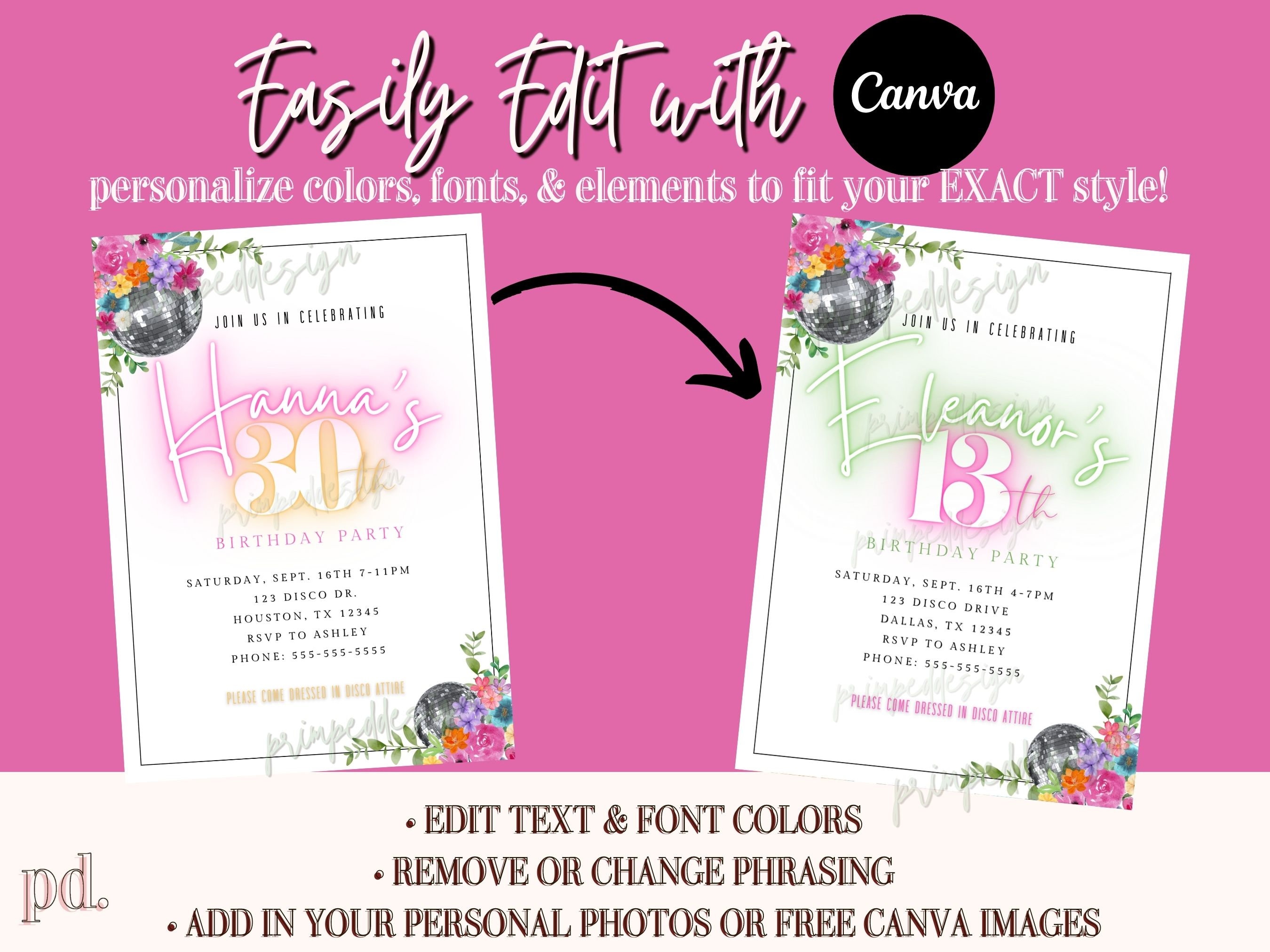 Editable Floral Disco Invitation - Disco Boho Flowers Birthday Digital ...