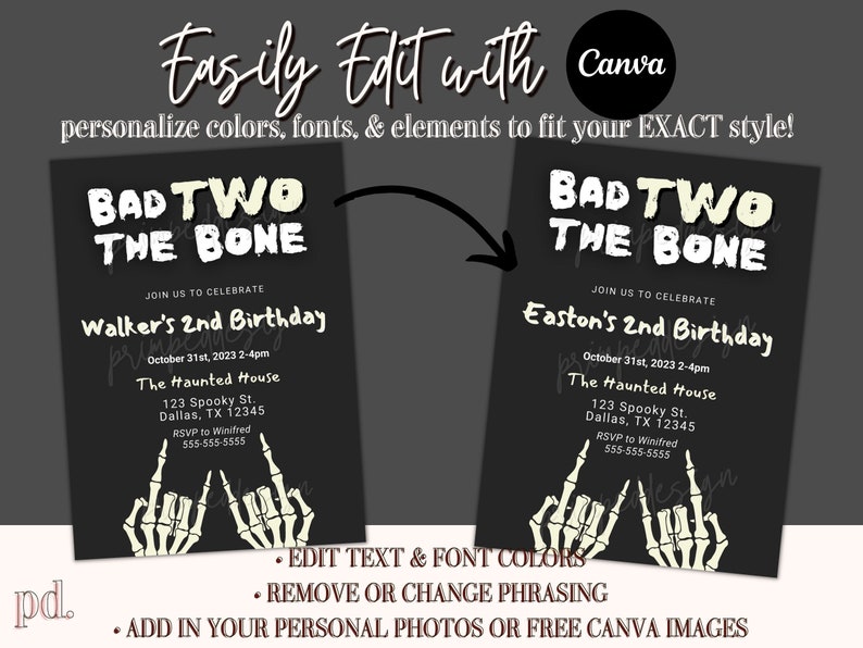 Editable Bad 2 the Bone Party Invitation, Halloween Birthday Digital ...