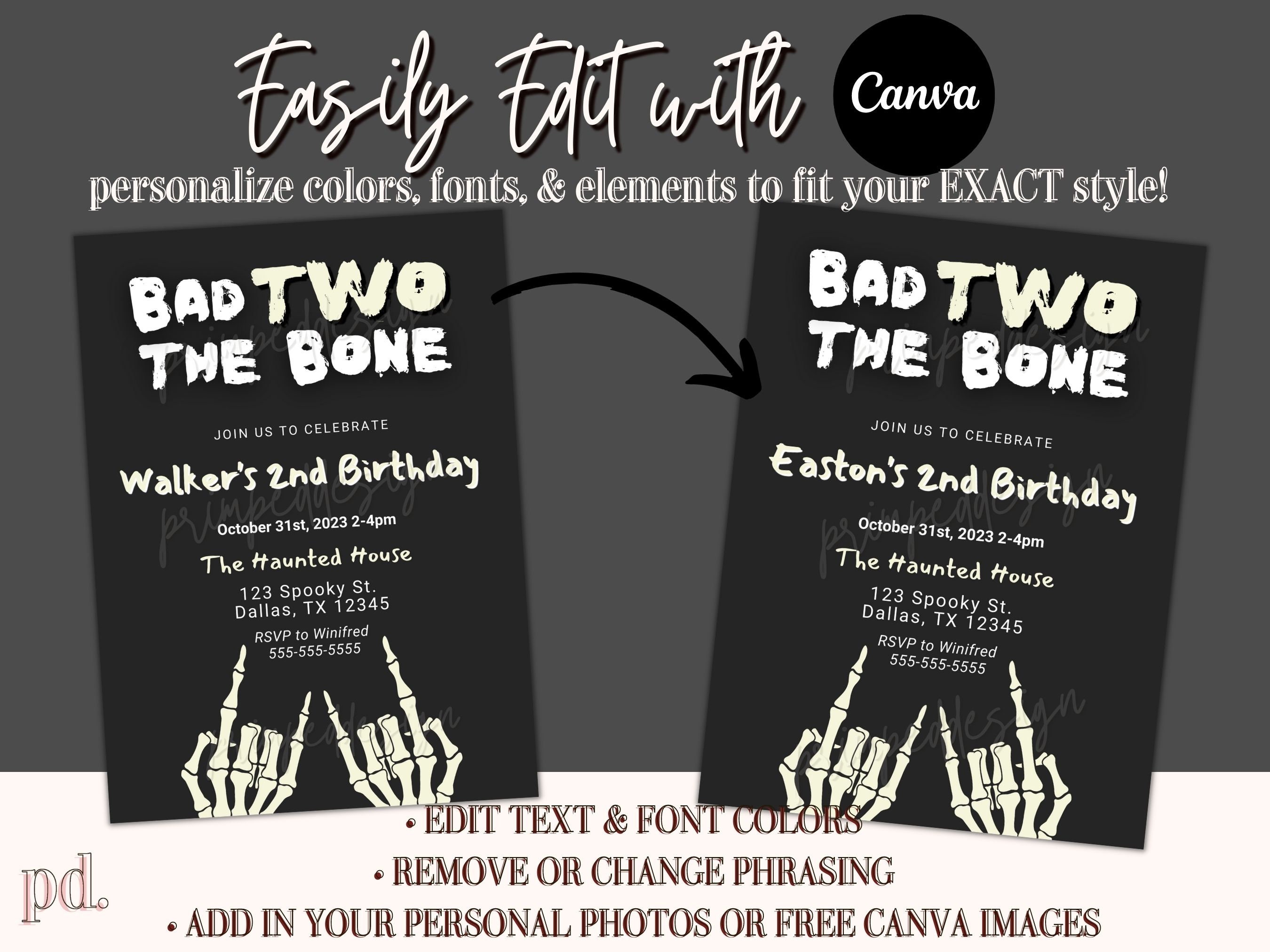 Editable Bad 2 the Bone Party Invitation, Halloween Birthday Digital ...