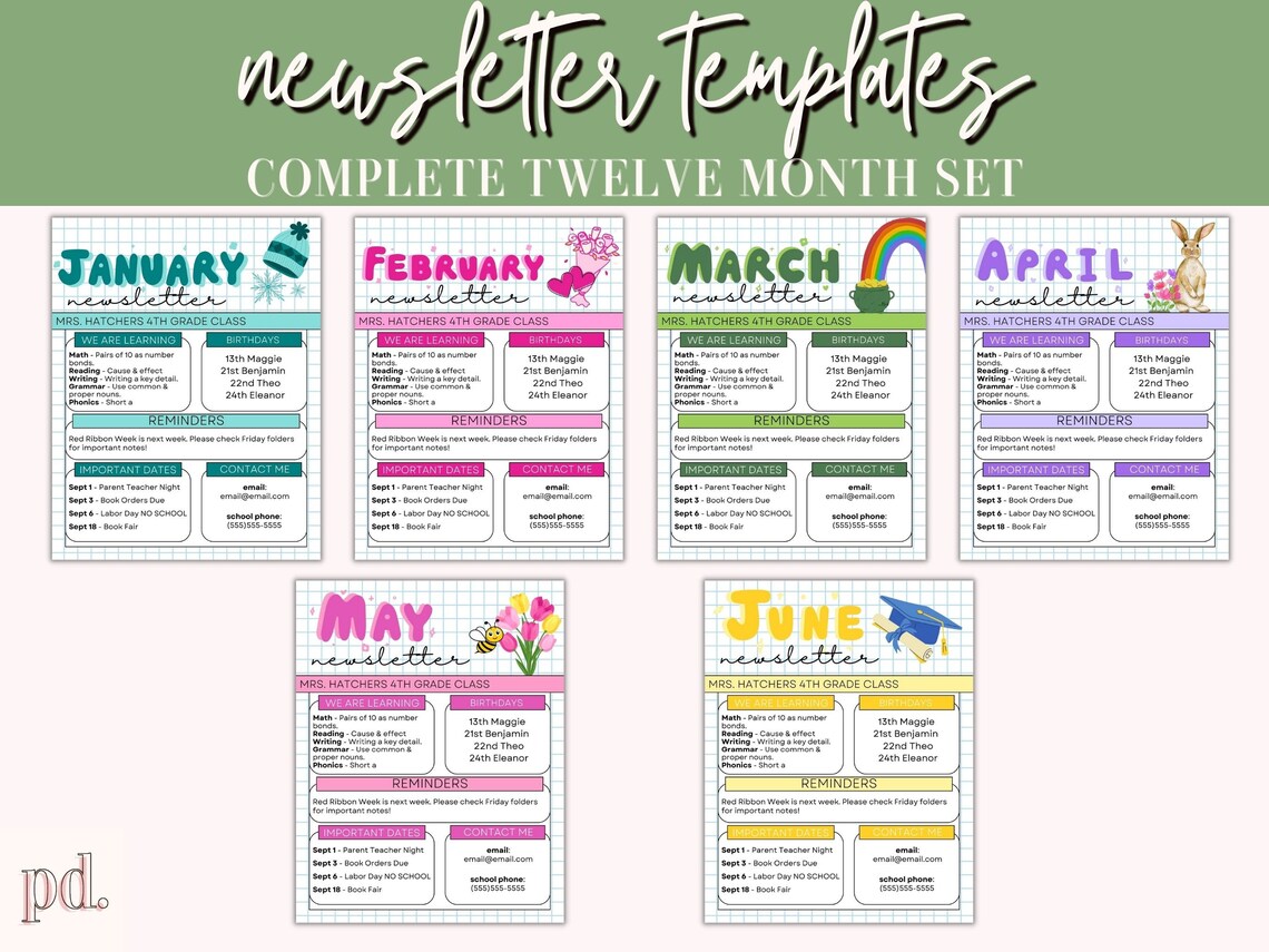 12 Month Newsletter Template, Editable School Newsletter, Monthly ...