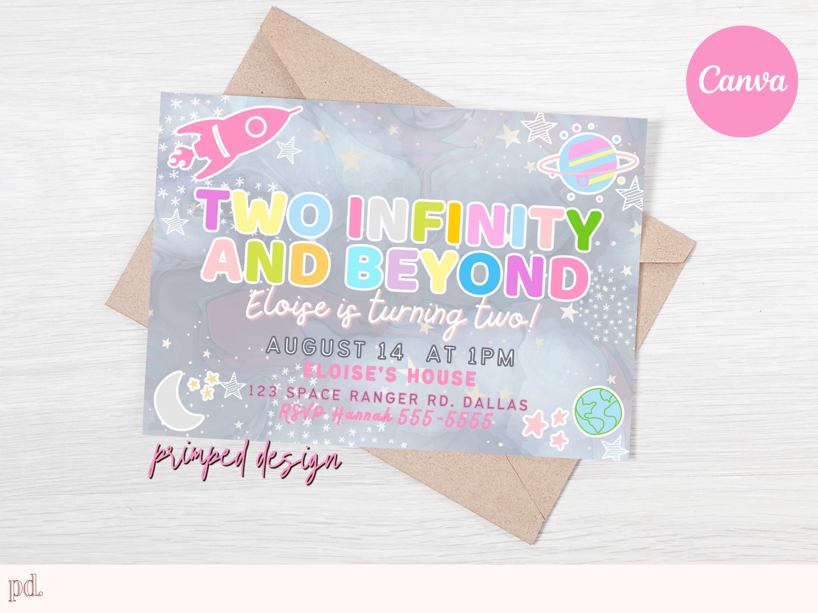 Editable Two Infinity Birthday Invitation Girl Space Digital Party ...