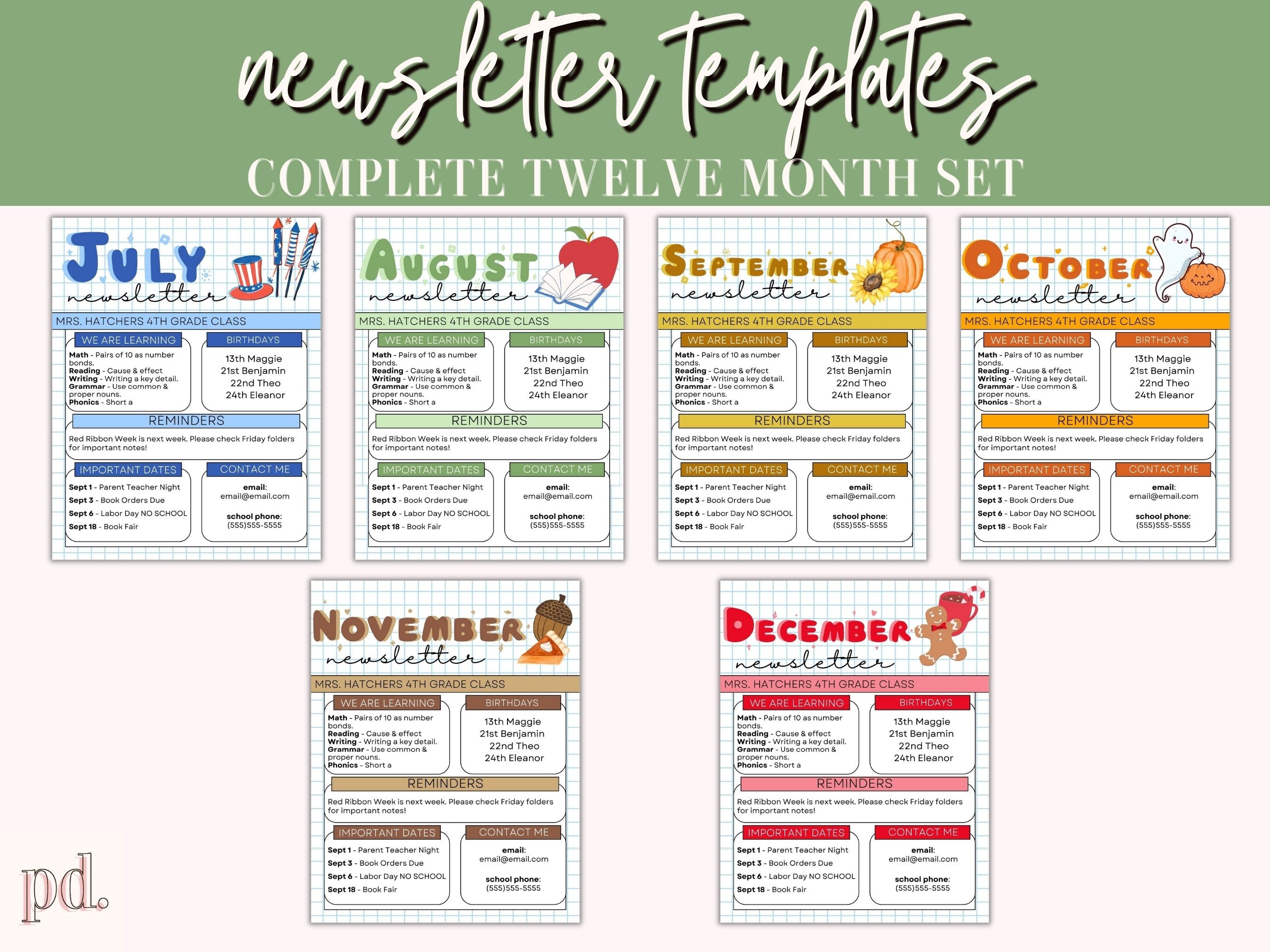 12 Month Newsletter Template, Editable School Newsletter, Monthly ...