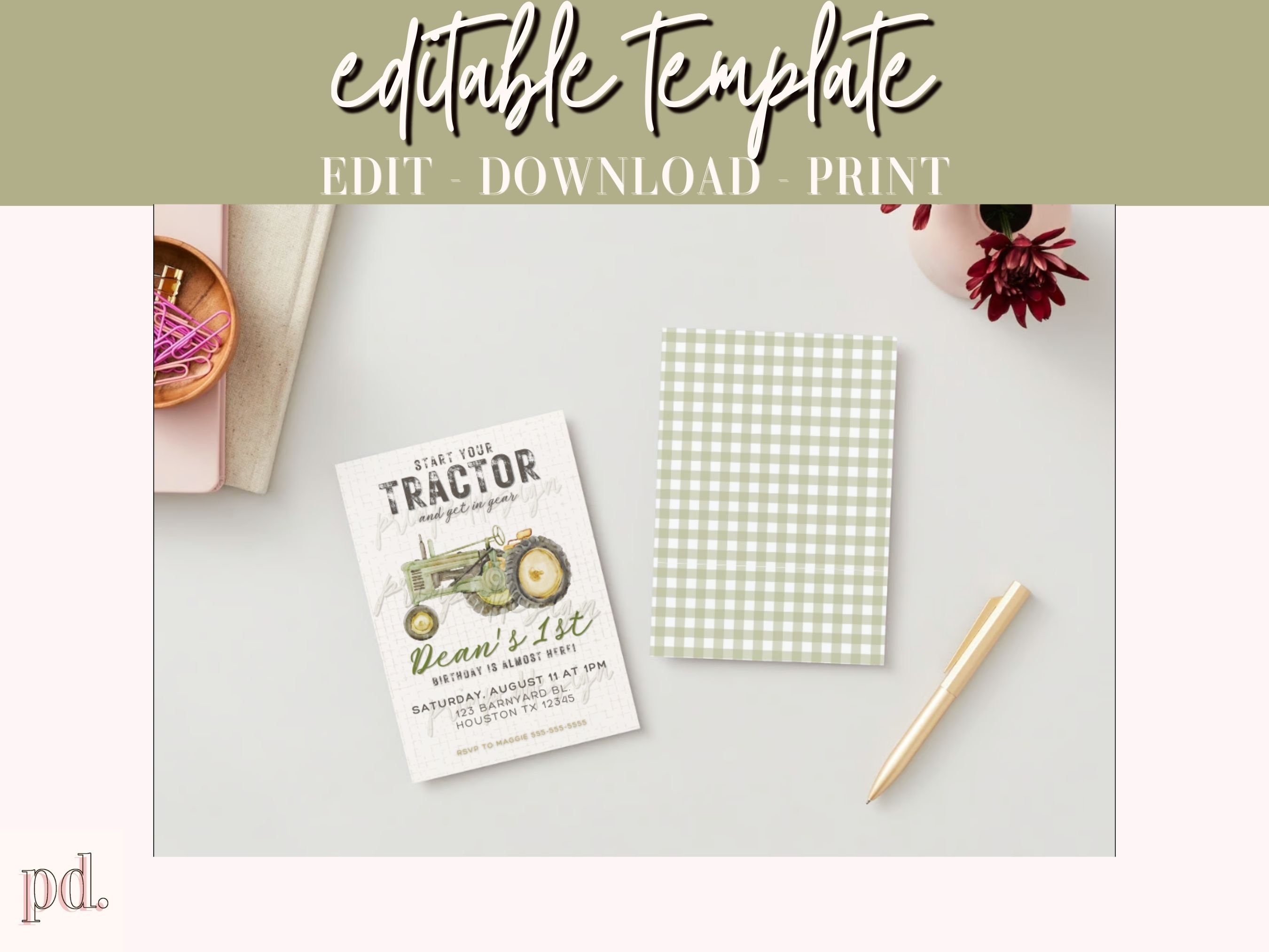 Editable Tractor Birthday Invitation Template, Any Age Green Tractor B ...