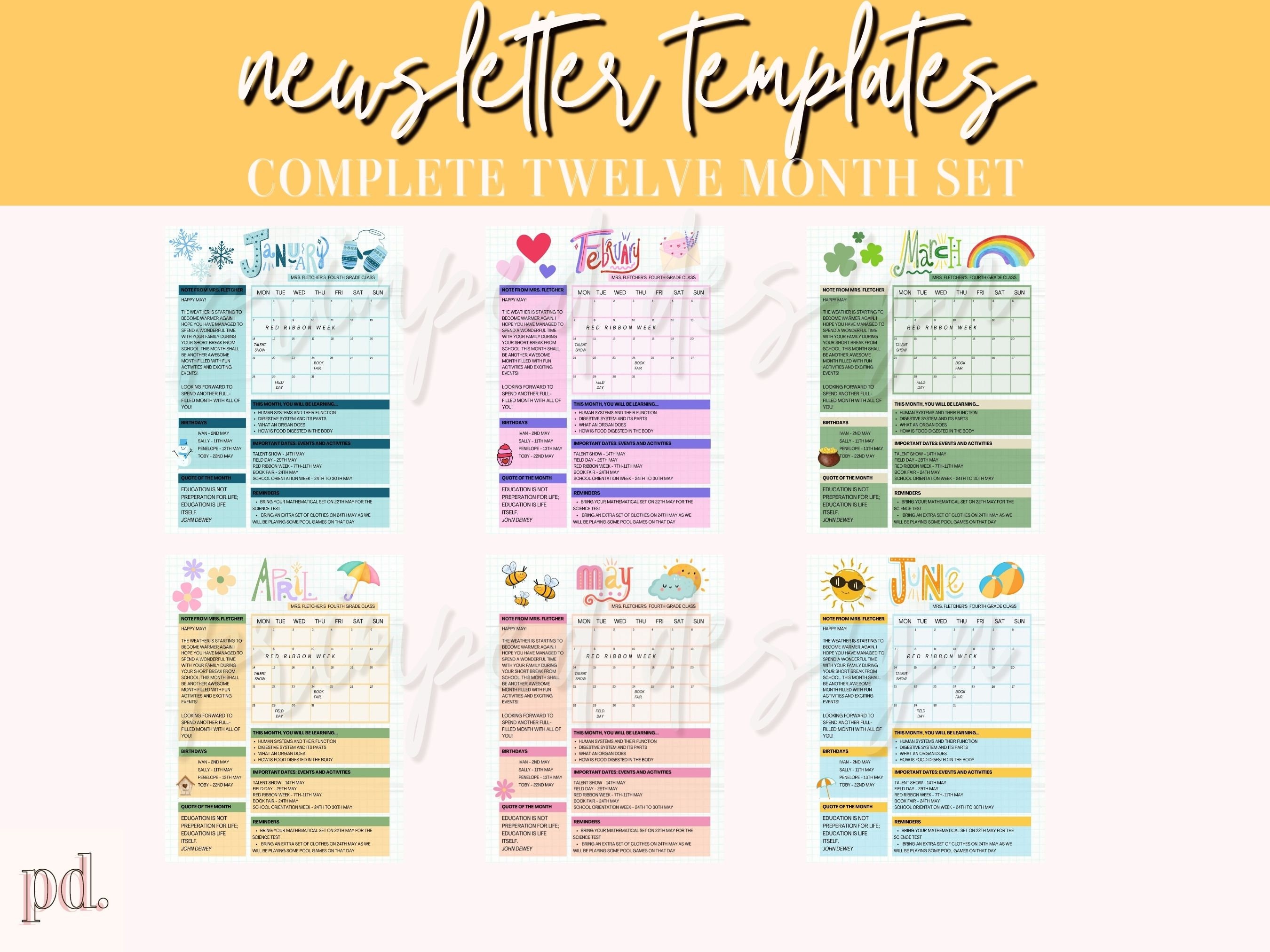 12 Month Newsletter Template, Editable School Newsletter, Monthly ...