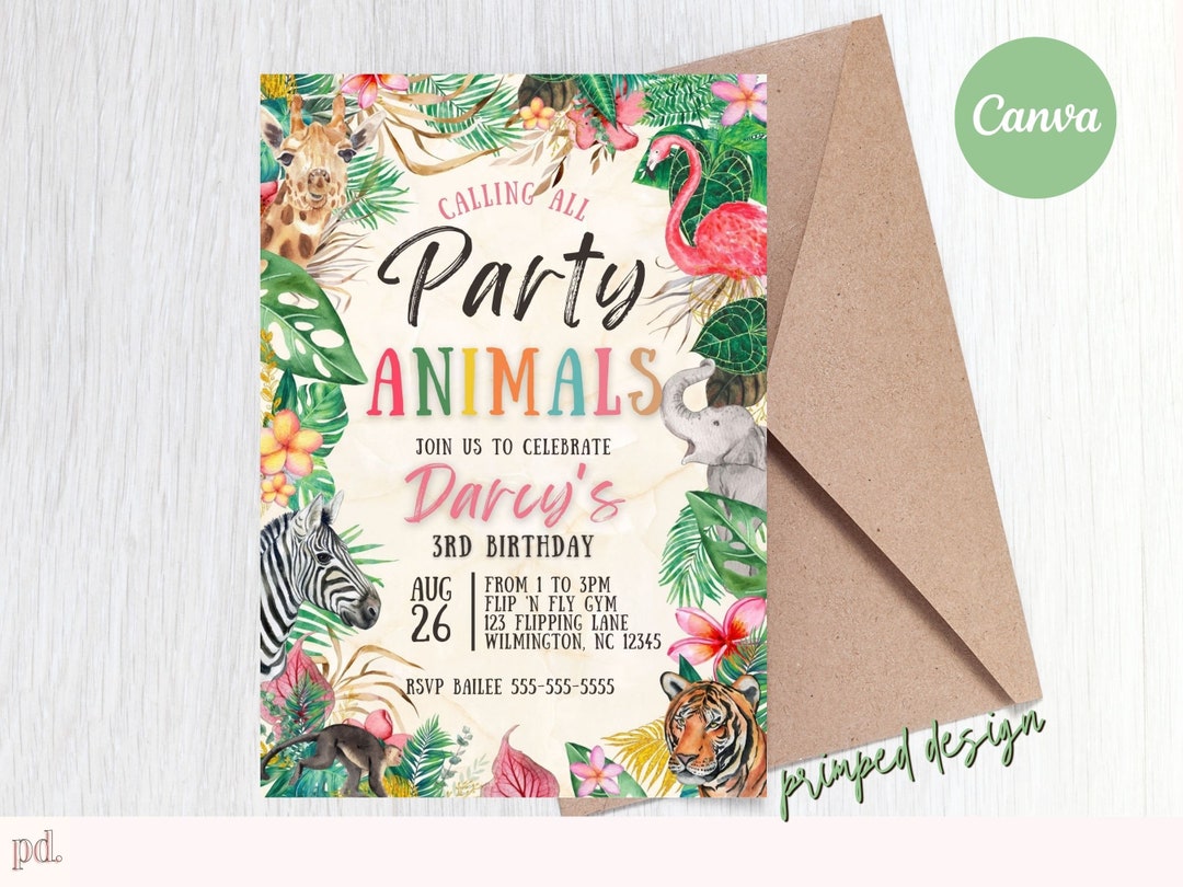 Editable Party Animal Birthday Invitation - Wild One Animal Digital ...