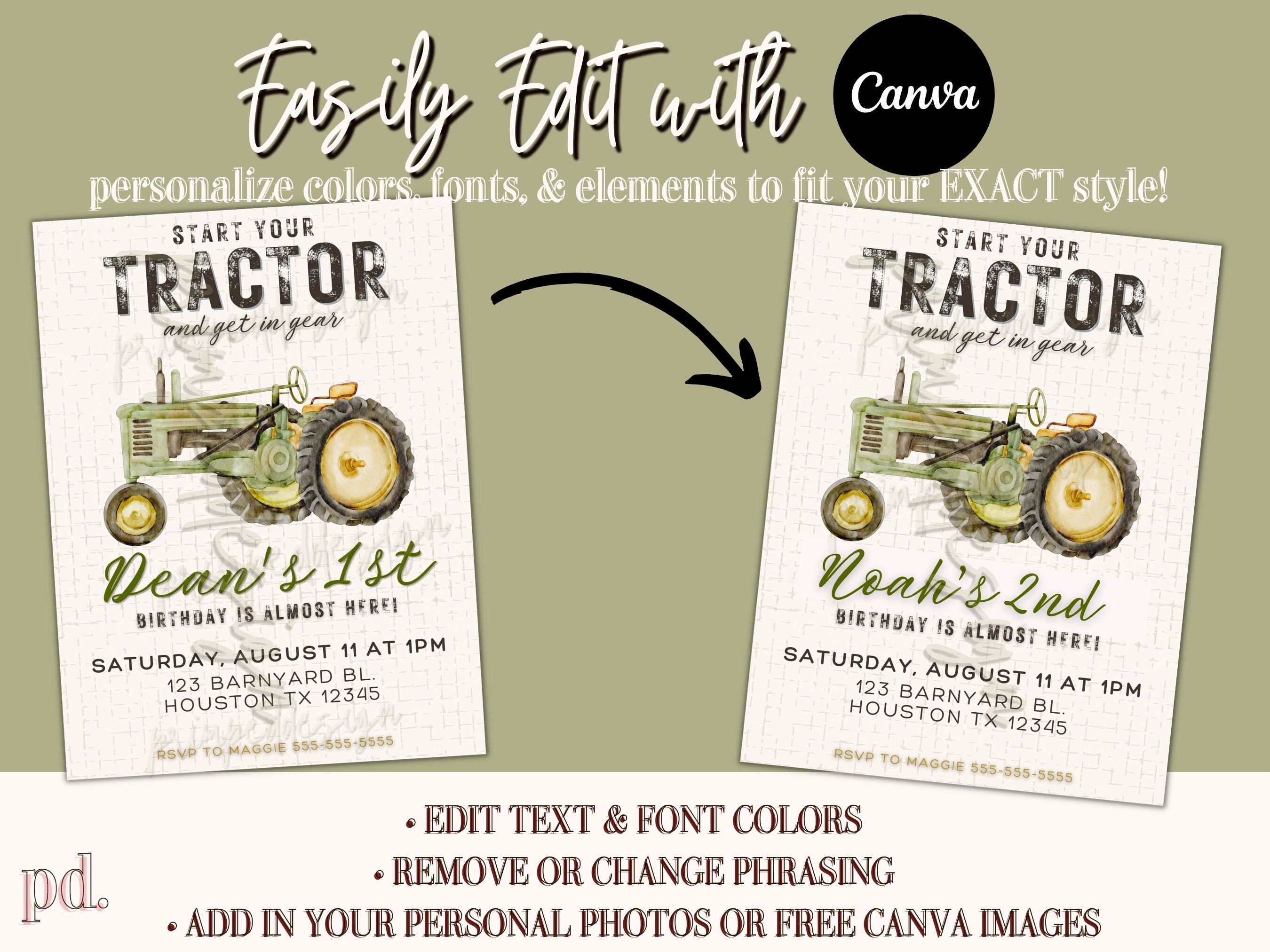 Editable Tractor Birthday Invitation Template, Any Age Green Tractor B ...