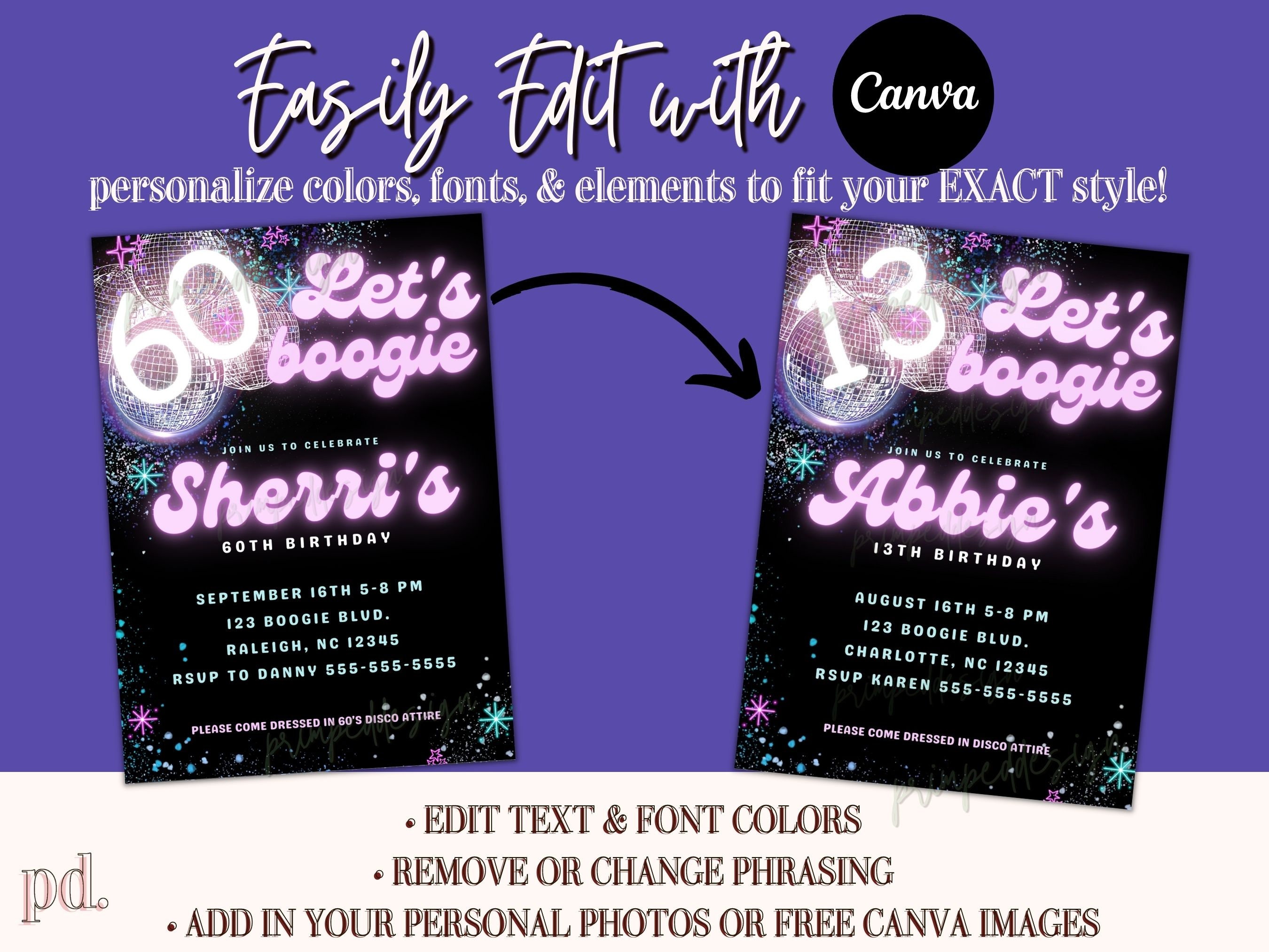Editable Neon Disco Groovy Invitation - Disco Let's Boogie Birthday ...
