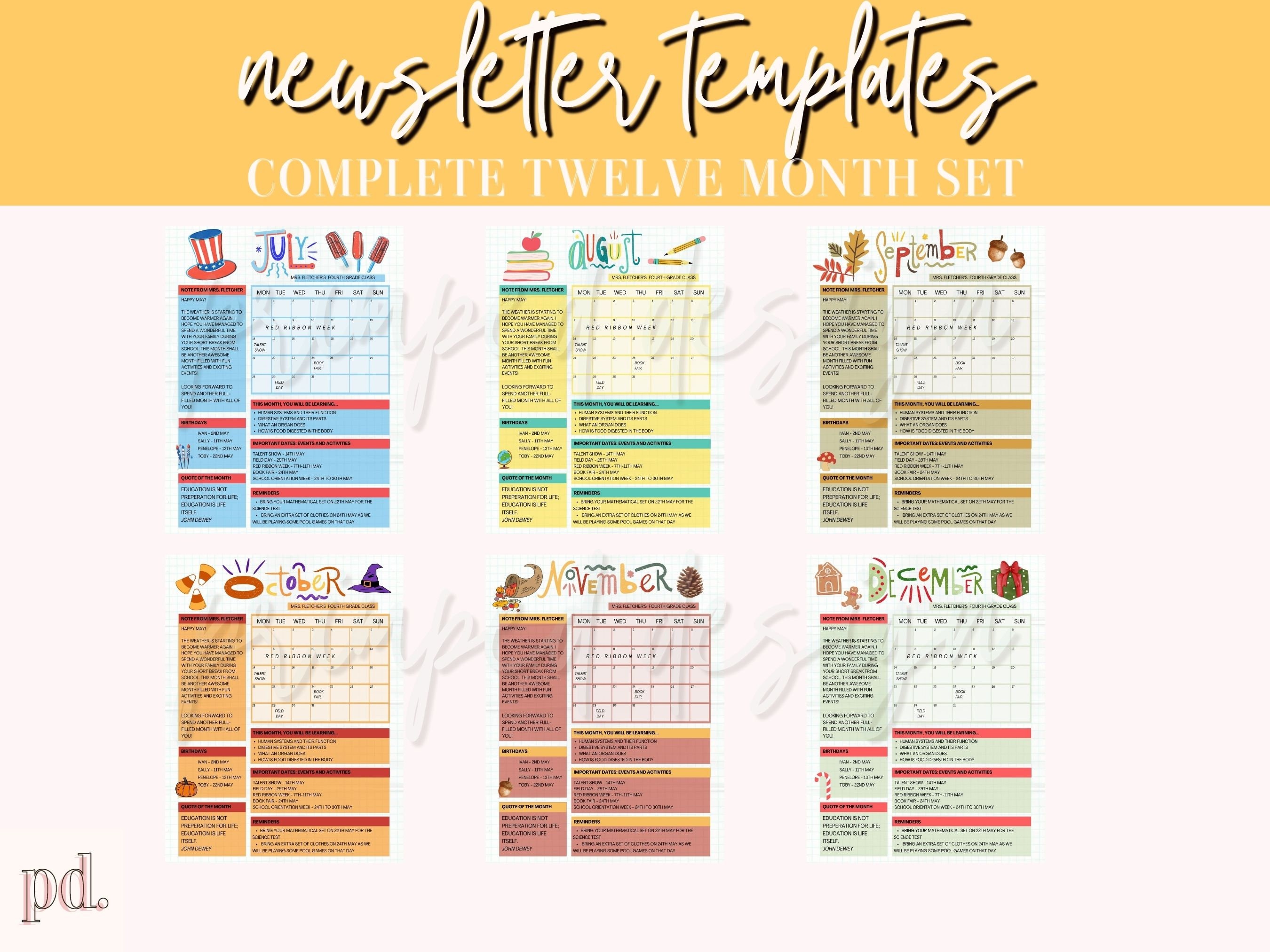 12 Month Newsletter Template, Editable School Newsletter, Monthly ...