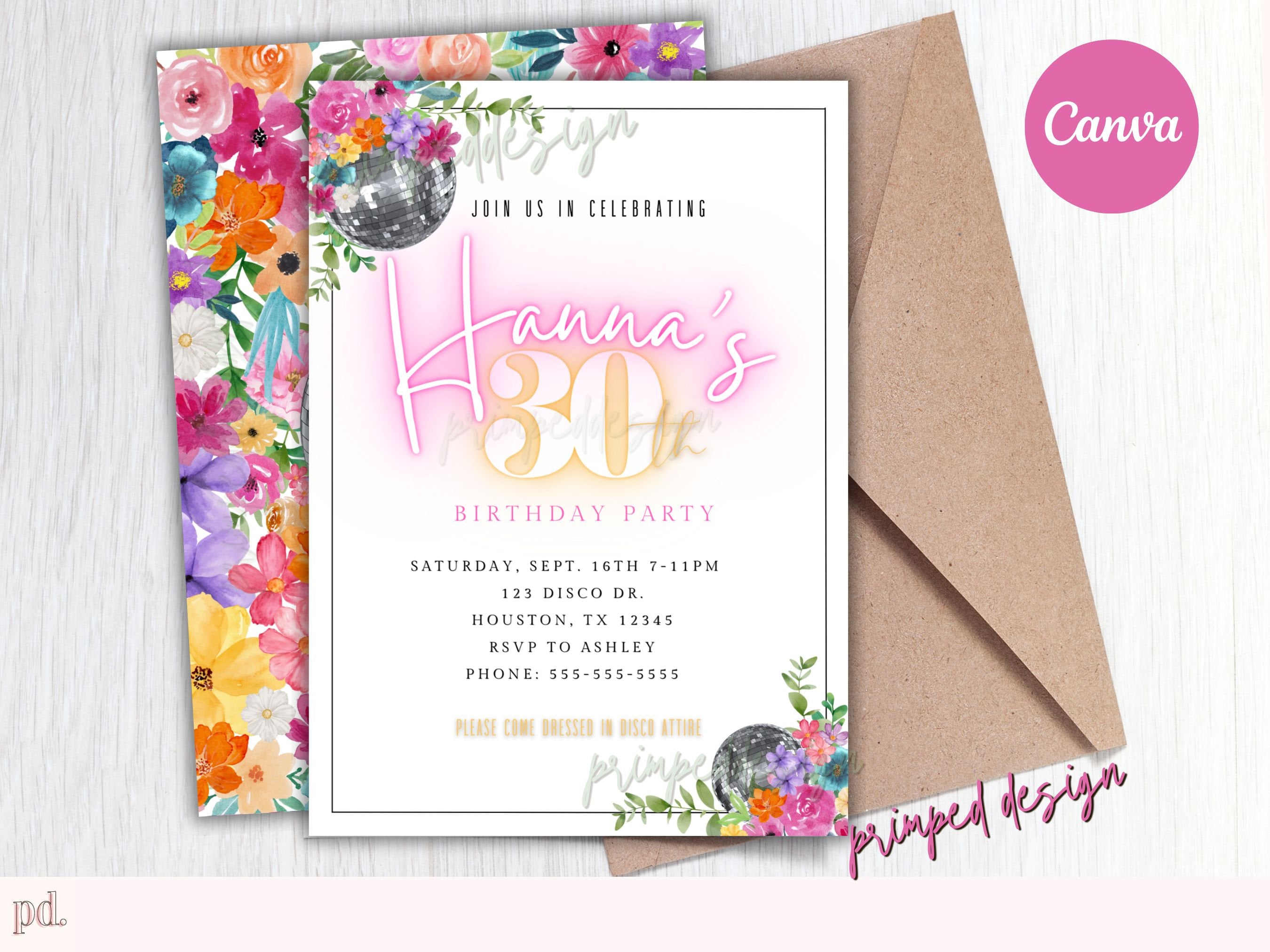 Editable Floral Disco Invitation - Disco Boho Flowers Birthday Digital ...