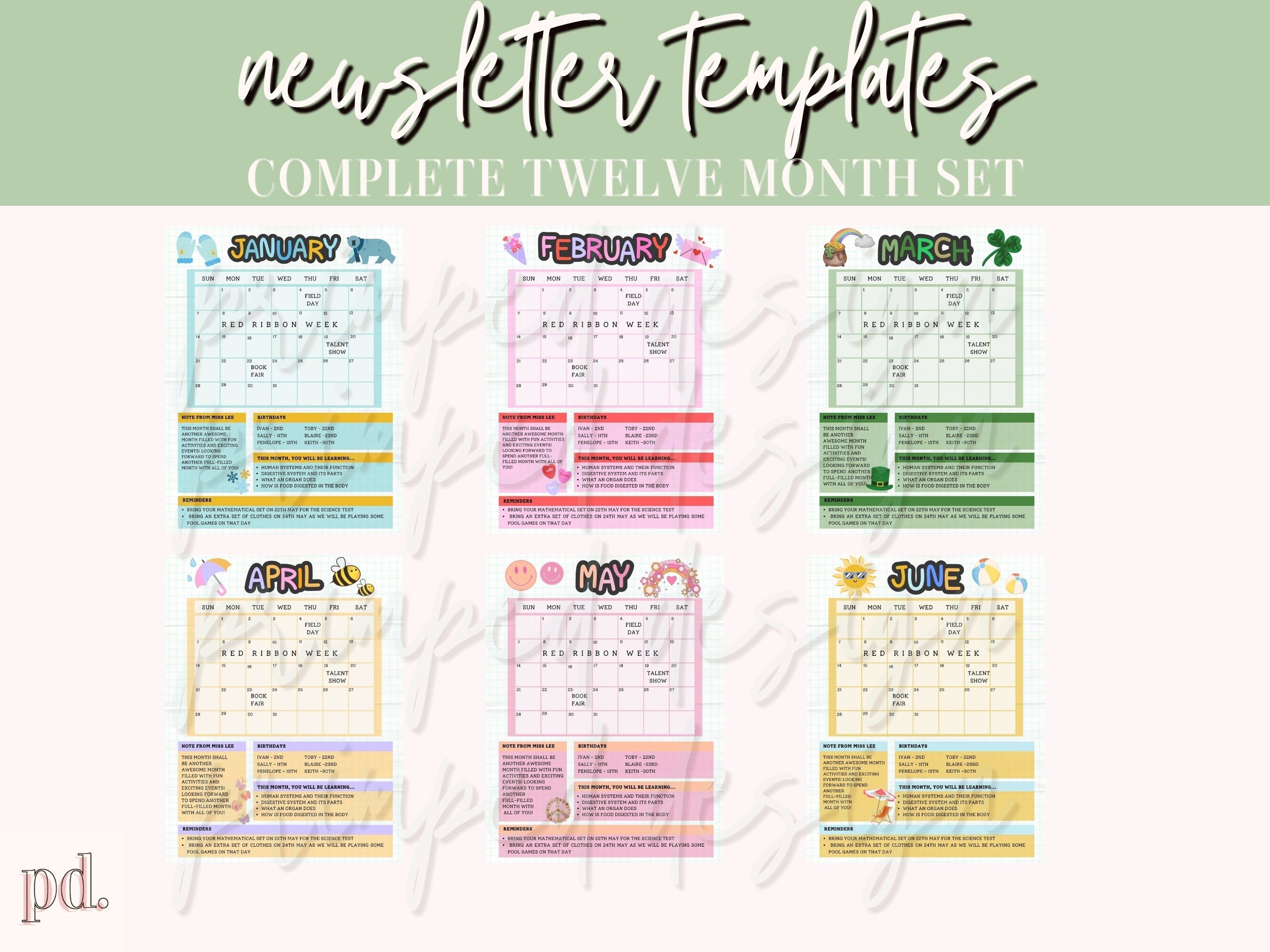 12 Month Newsletter Template, Editable School Newsletter, Monthly ...