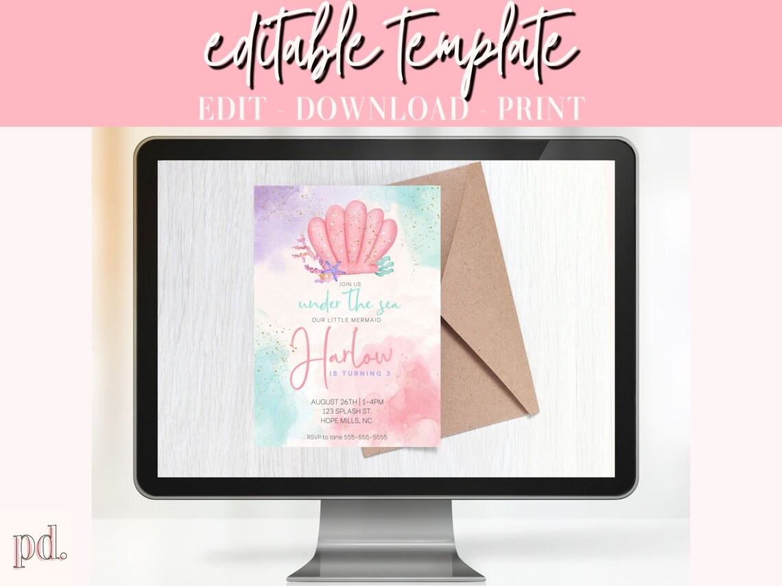 Editable Under the Sea Party Invitation Mermaid Watercolor Birthday ...