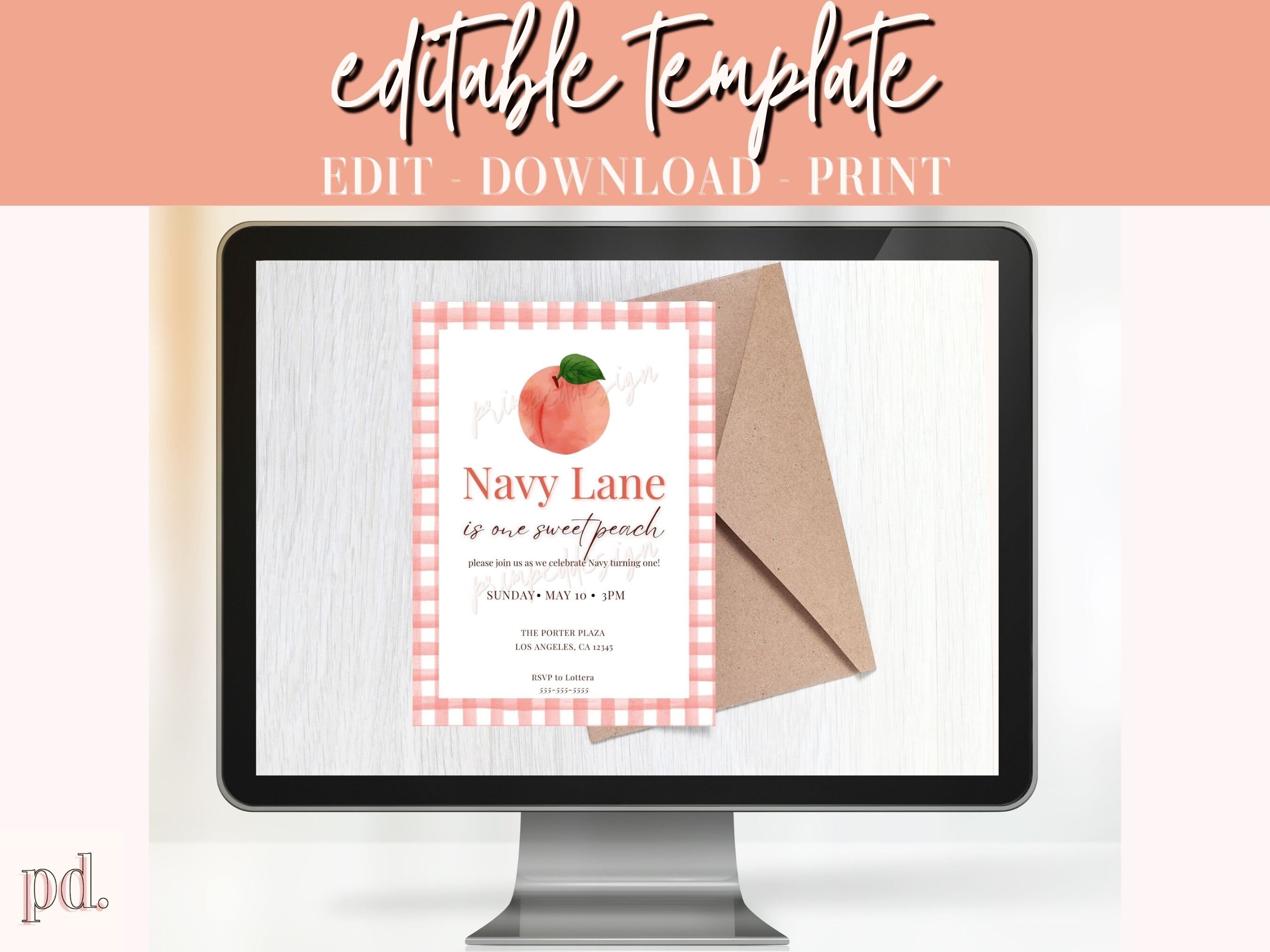 Editable One Sweet Peach Birthday Invitation Peach Digital Party ...