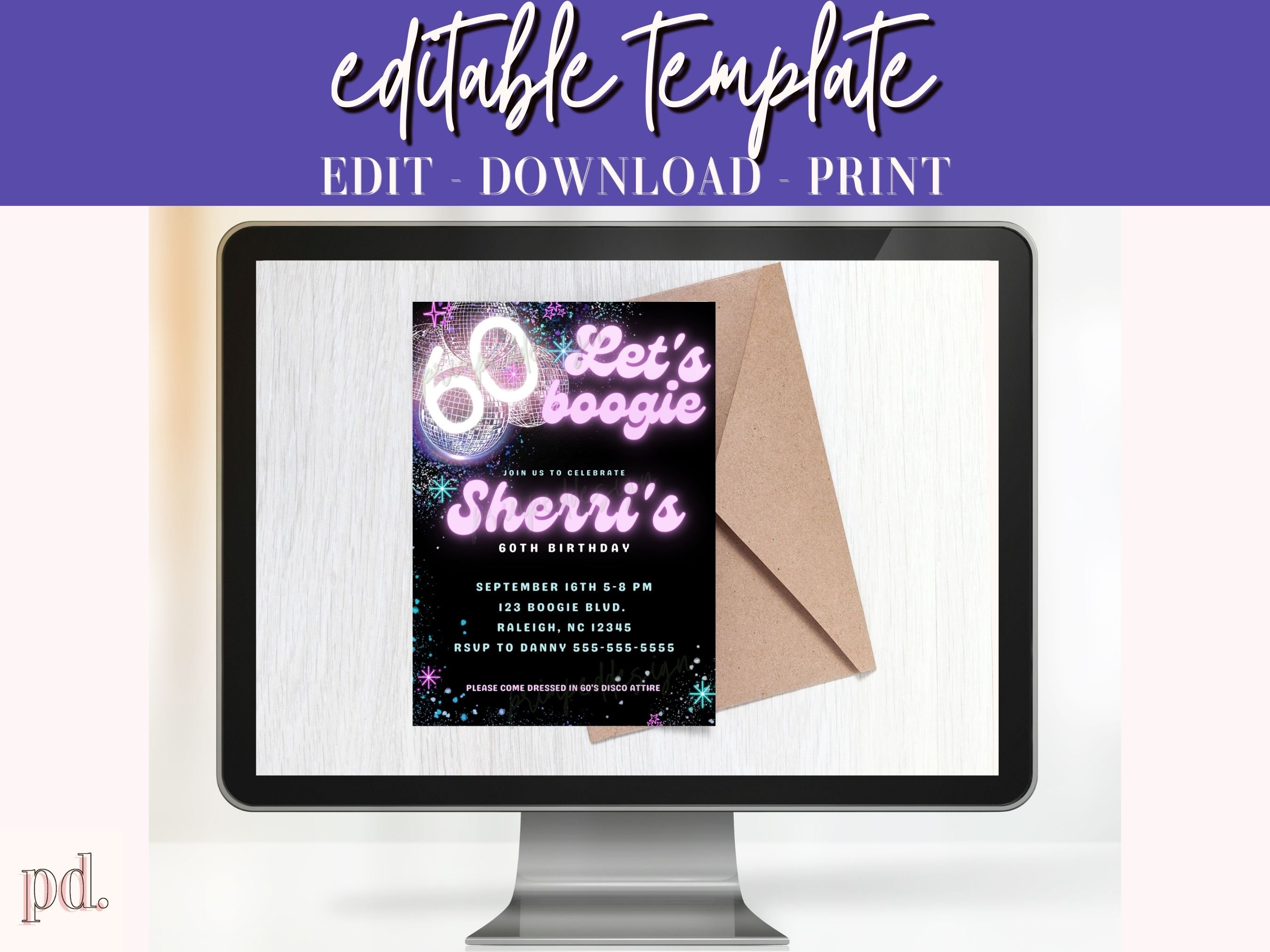 Editable Neon Disco Groovy Invitation - Disco Let's Boogie Birthday ...