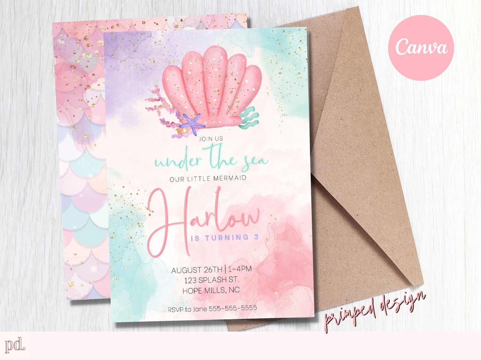 Editable Under the Sea Party Invitation Mermaid Watercolor Birthday ...